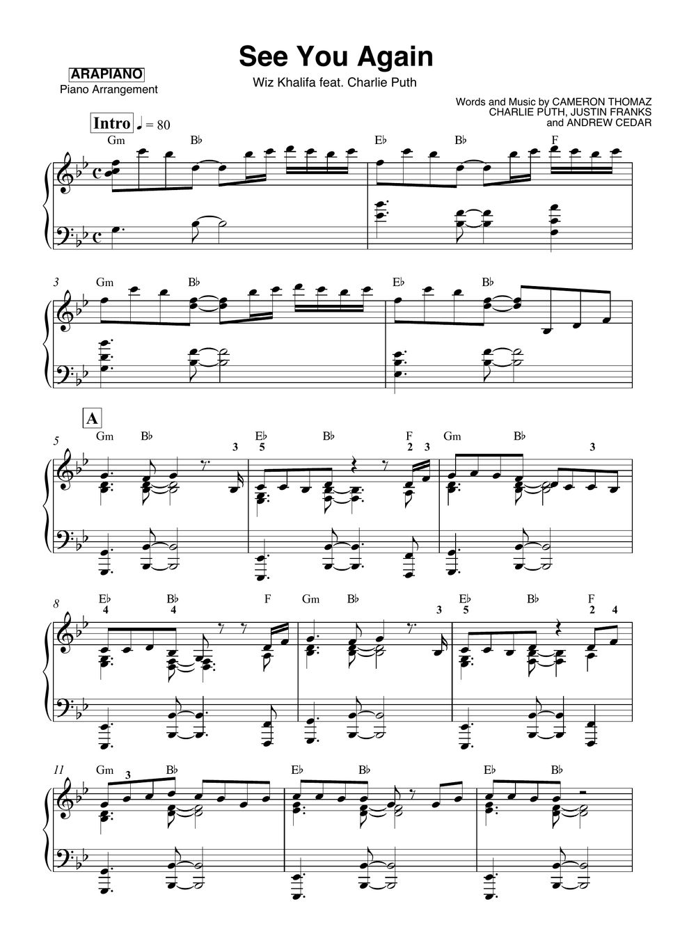 Wiz Khalifa ft. Charlie Puth - See You Again Sheets by ARAPIANO