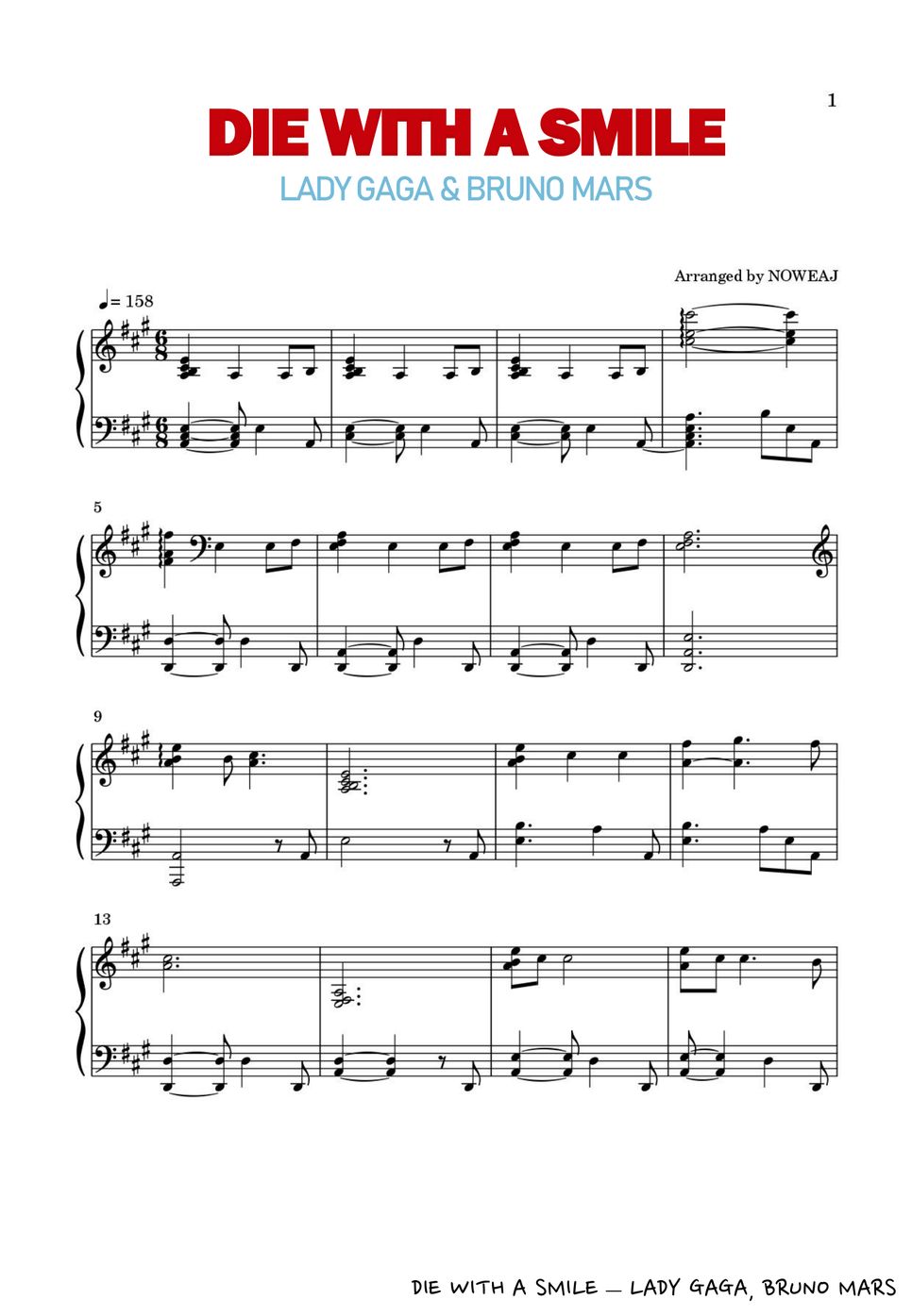 Lady Gaga, Bruno Mars - Die With A Smile Sheet Music | piano cover ...