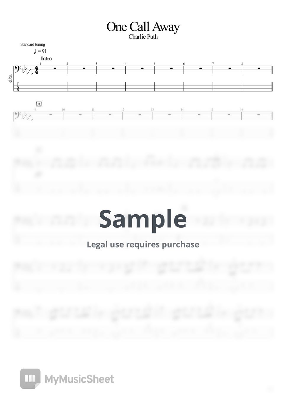 Charlie Puth - One Call Away Tab + 단선 악보 by BassBlur