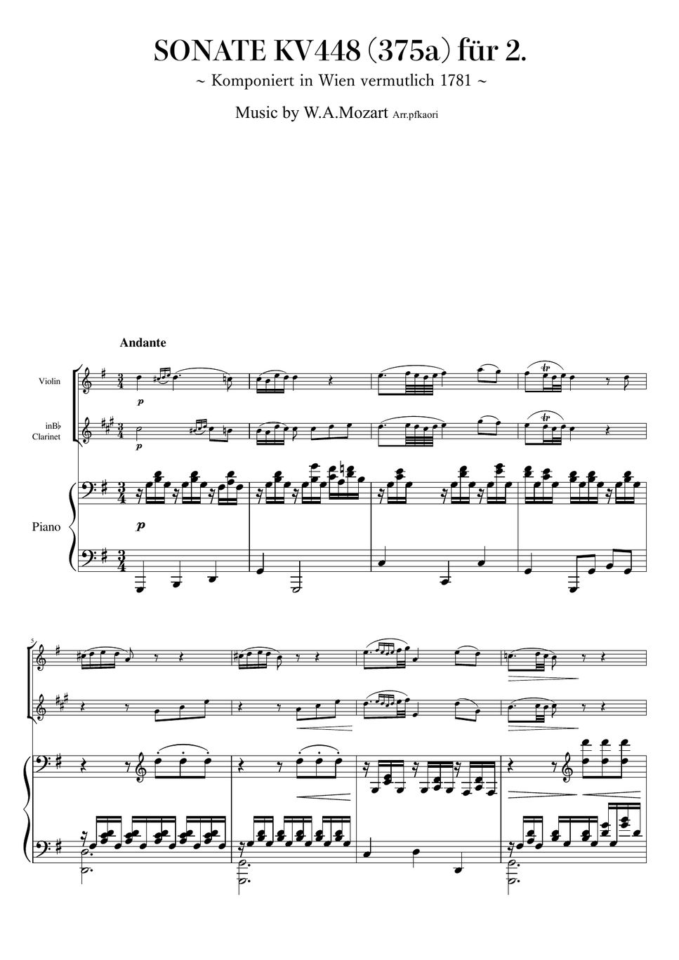 Mozart - Sonata for two pianos 2nd Mov. KV448 6.375a Andante (Violin ...