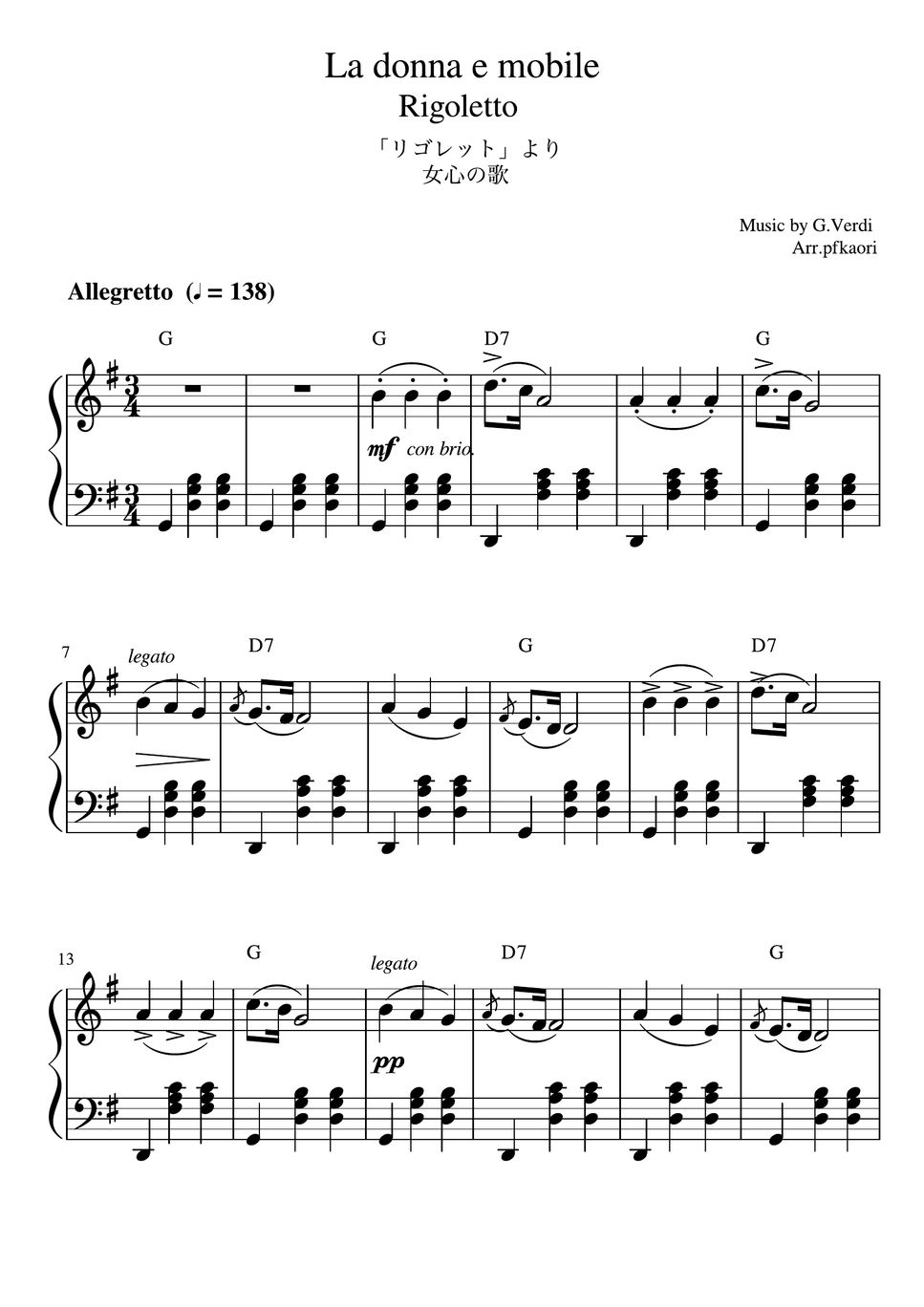 Gveldi La Donna E Mobile G Pianosolo Sheets By Pfkaori