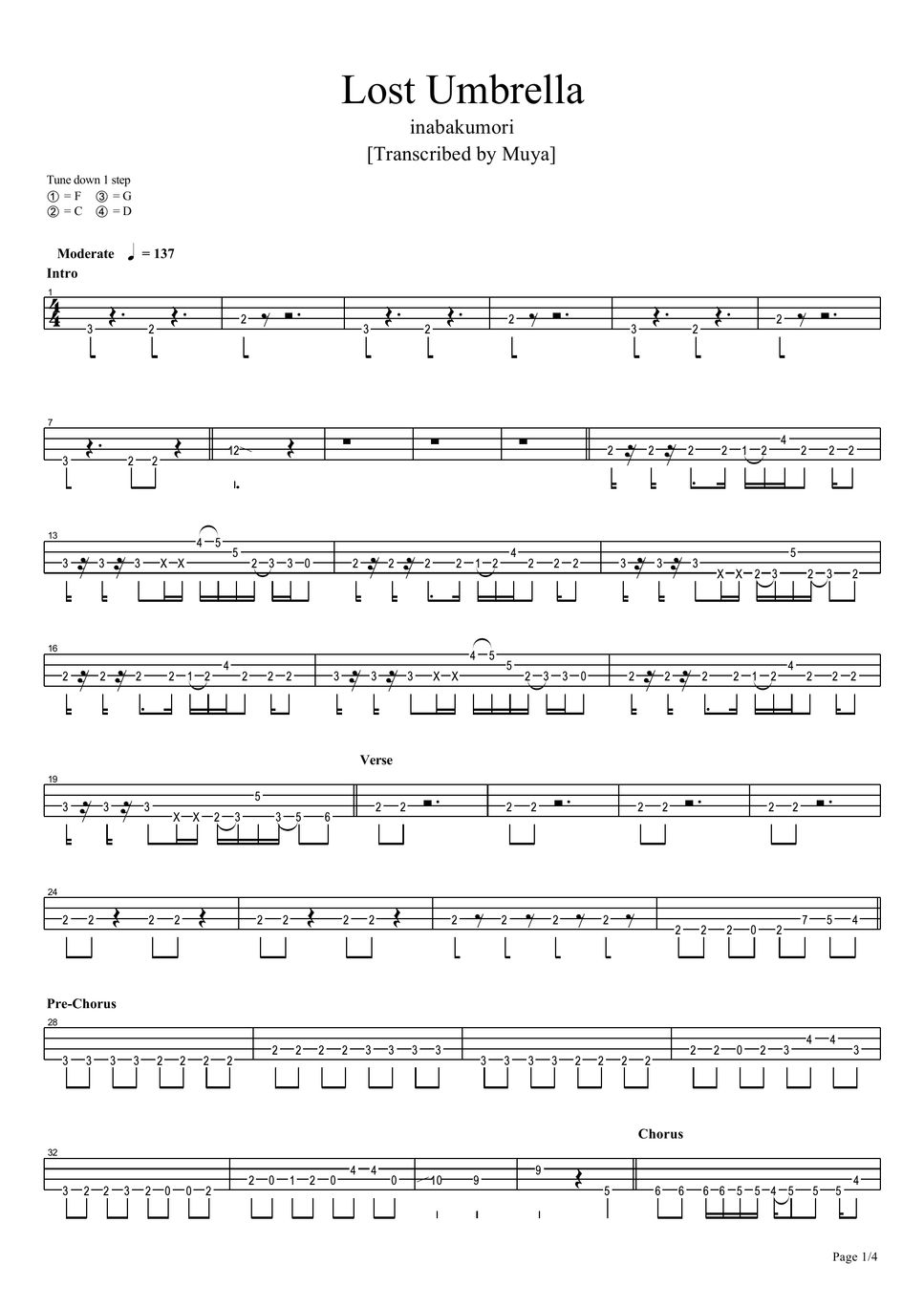 inabakumori - Lost Umbrella (Bass TAB) Sheets by Muya
