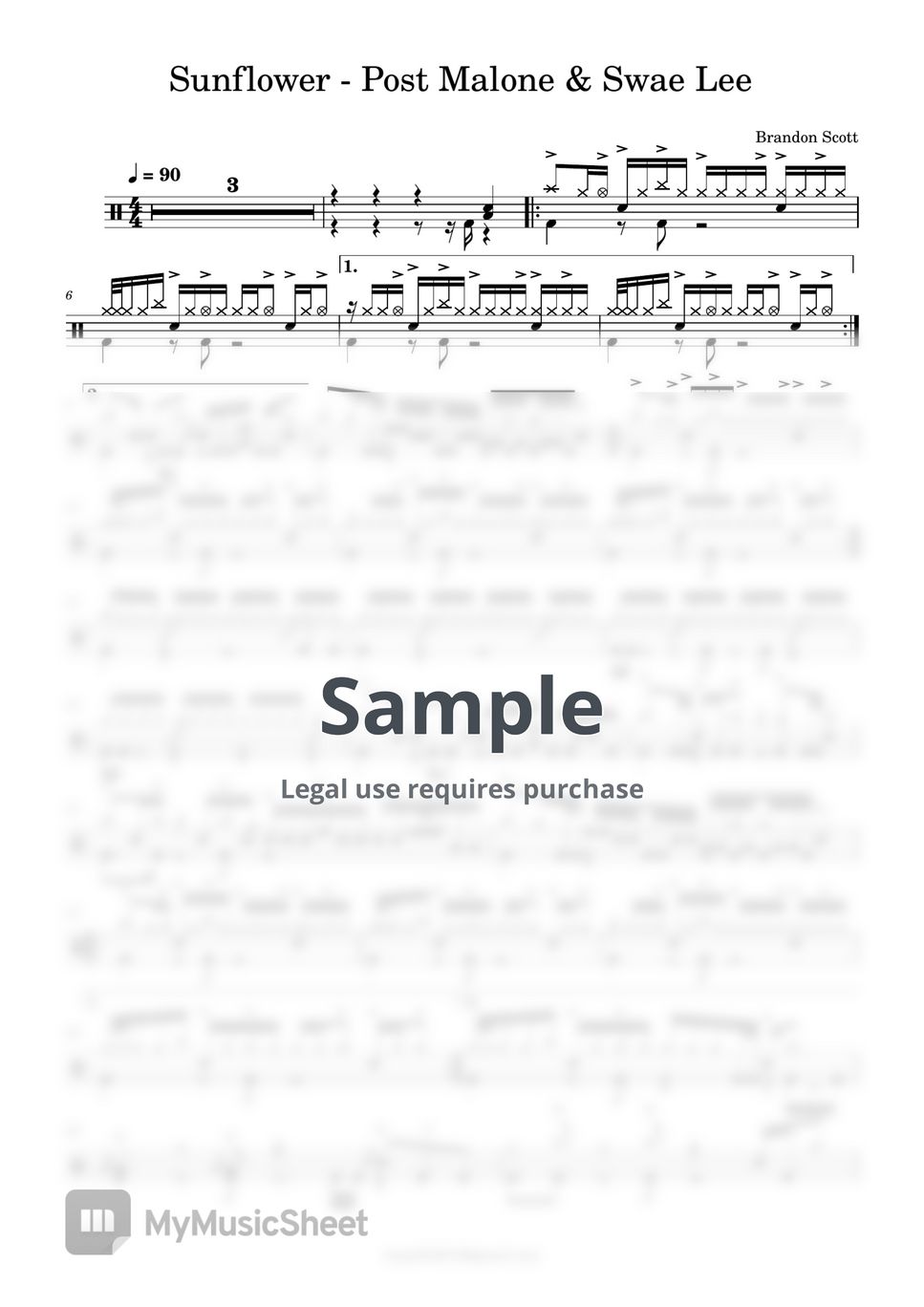 Post Malone, Swae Lee - SunFlower 악보 by 晨曦音樂工作室 爵士鼓 鼓譜 Drumtab