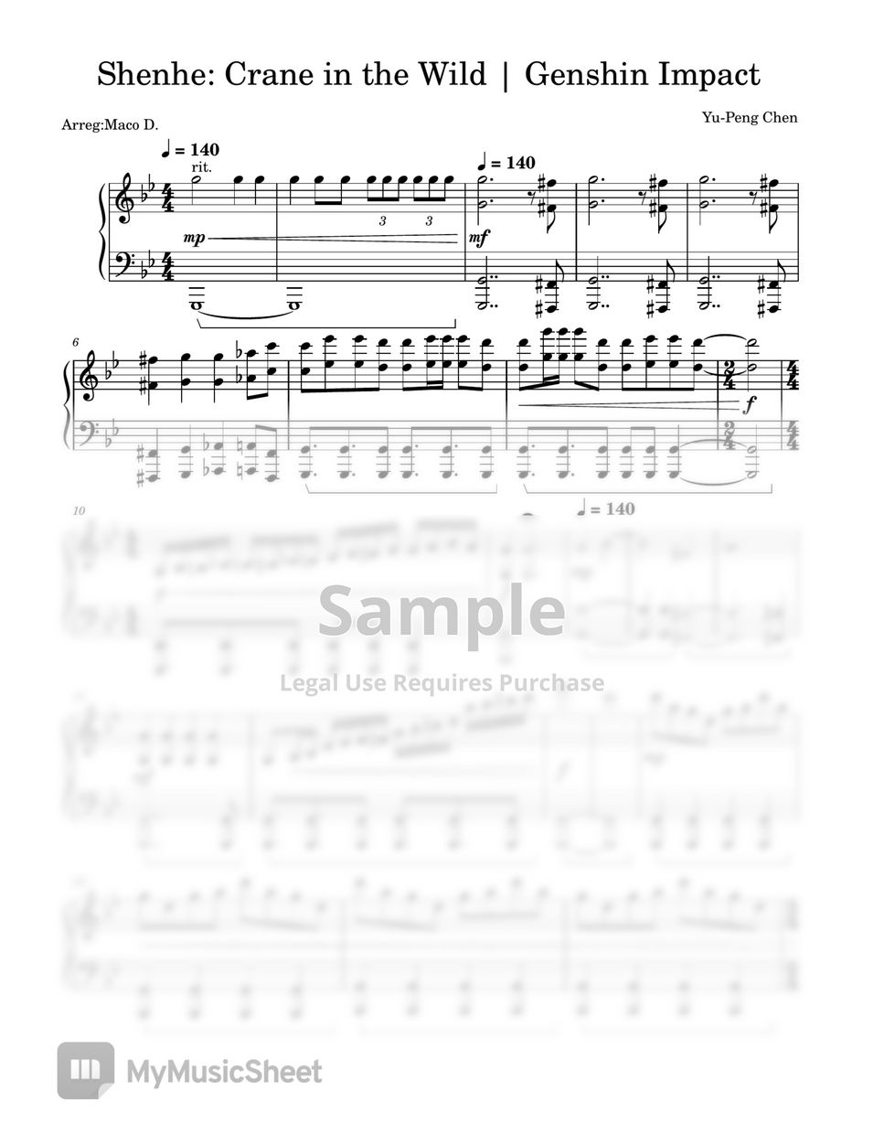 Yu-Peng Chen - Shenhe: Crane in the Wild | Genshin Impact Sheet Music ...