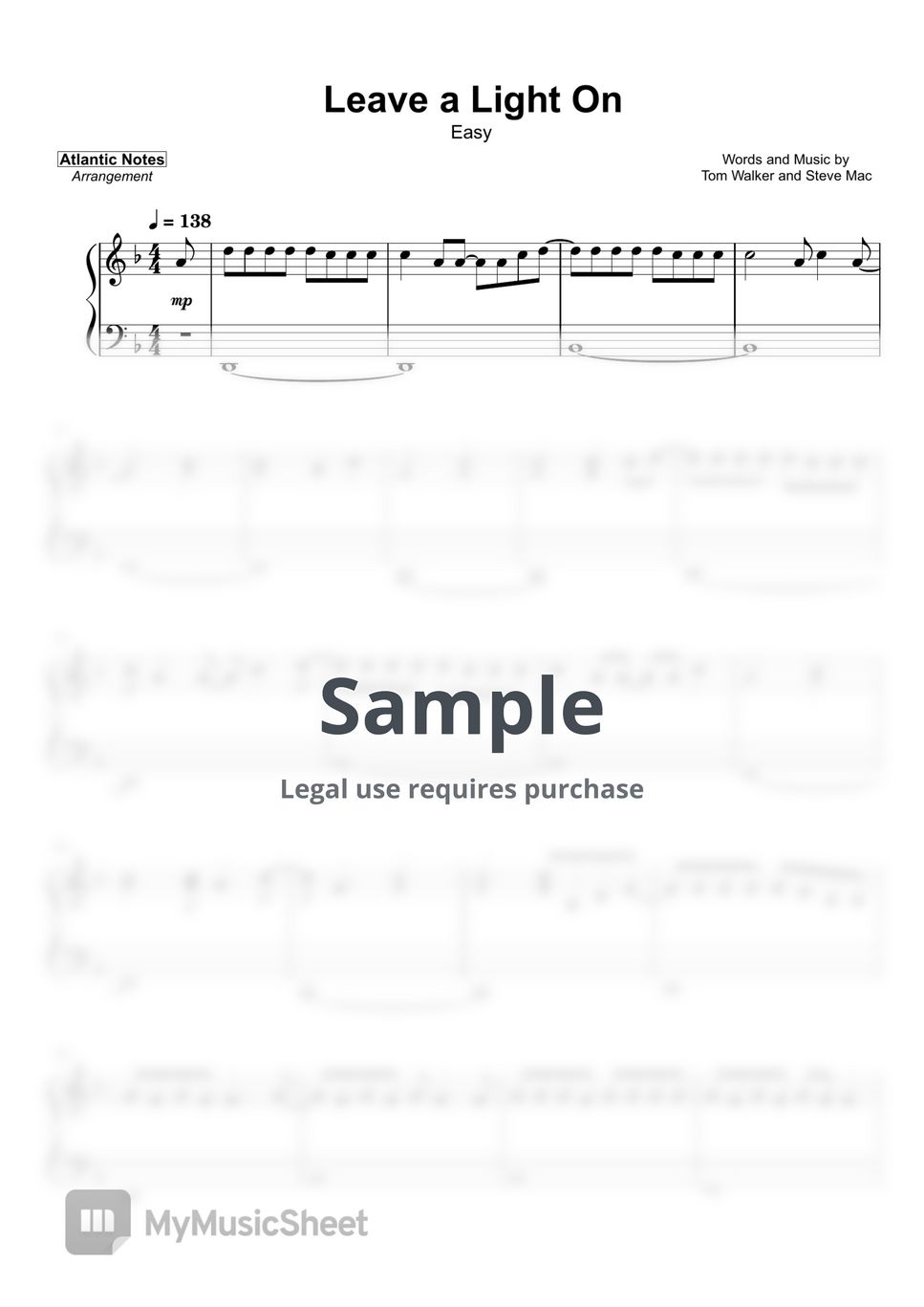 Tom Walker - Leave a Light On Sheet Music by Atlantic Notes