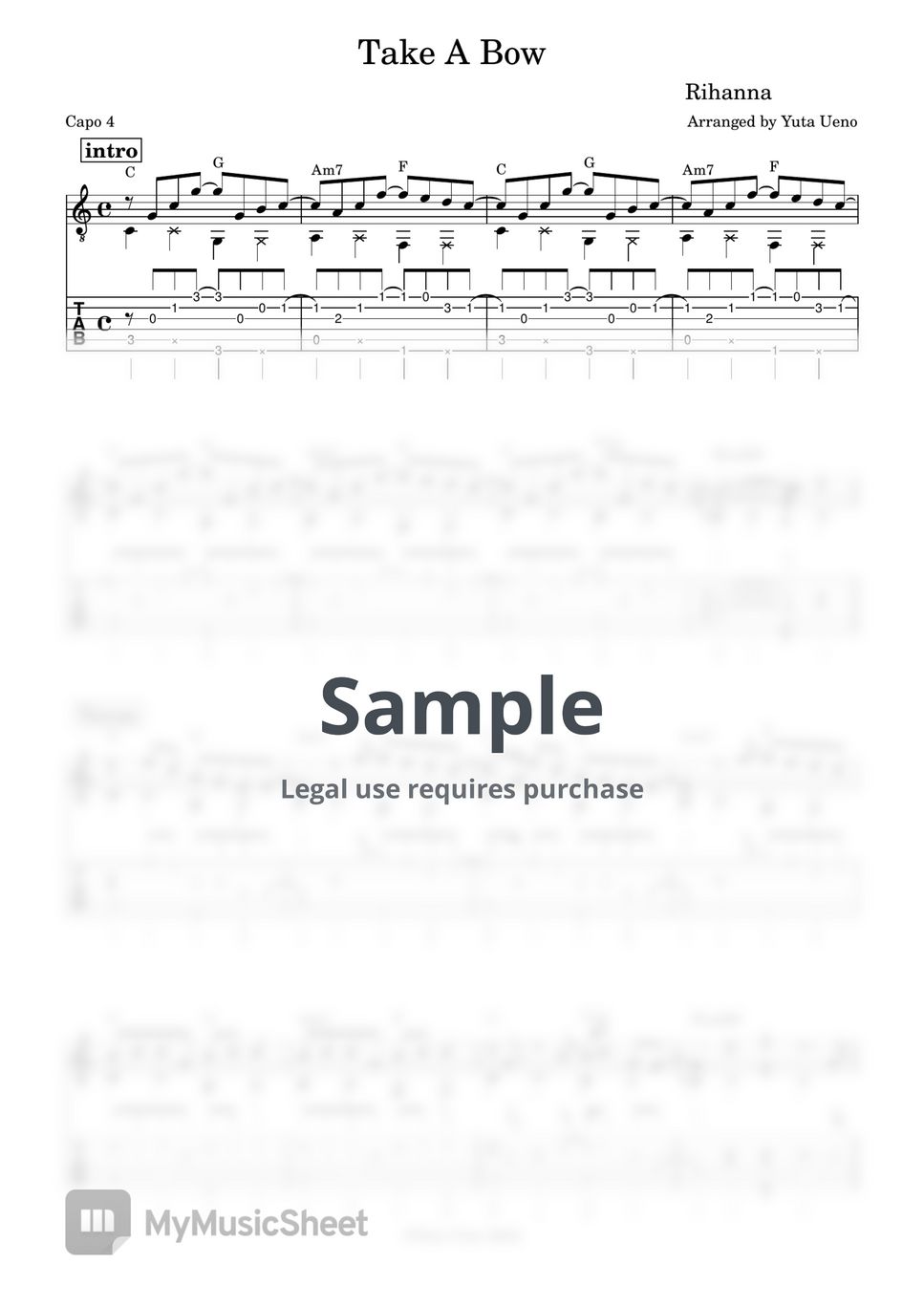 Rihanna - Take A Bow (Fingerstyle) Tab + 1staff by Yuta Ueno