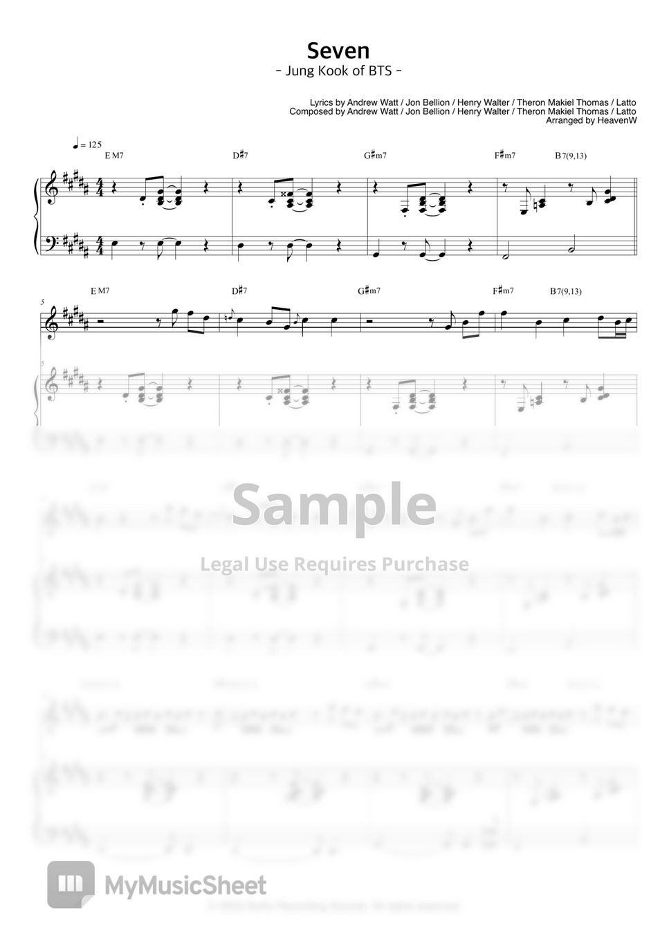 Jung Kook of BTS - Seven (feat.Latto) (피아노 연탄곡/Jazz Ver.) Partition musicale by HeavenW