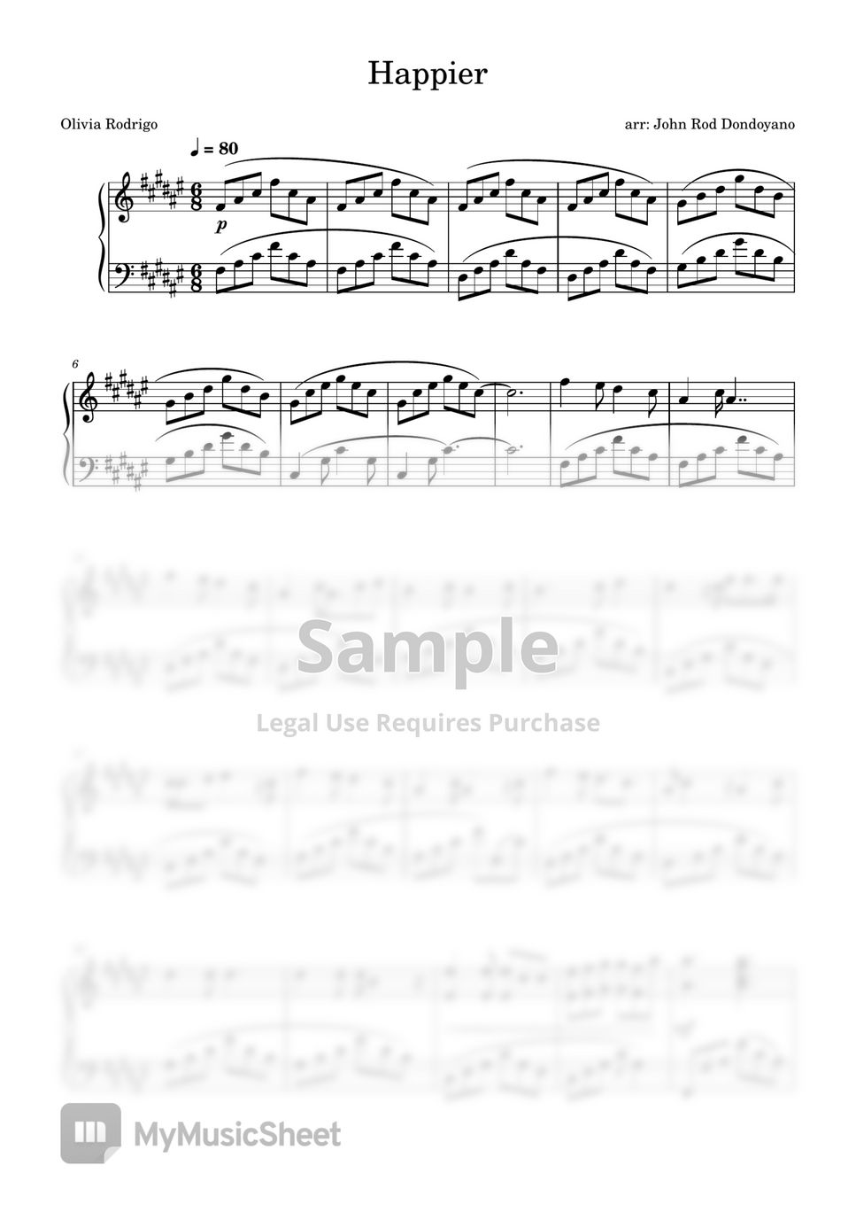Olivia Rodrigo - happier (PIANO SHEET) 악보 by John Rod Dondoyano