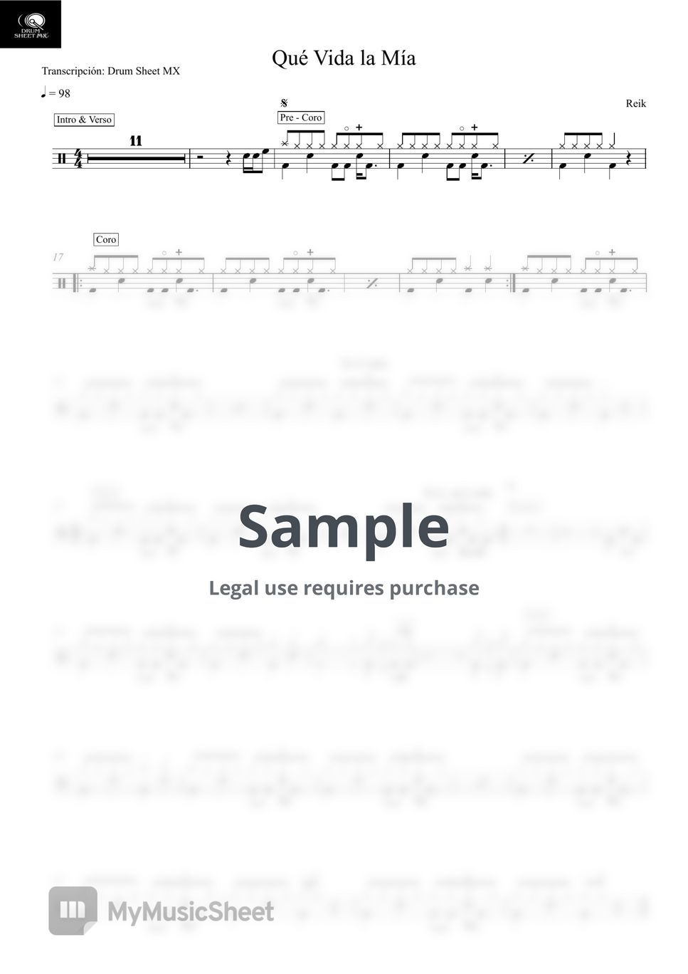 Reik - Qué Vida la Mía Sheets by Drum Transcription: Drum Sheet MX