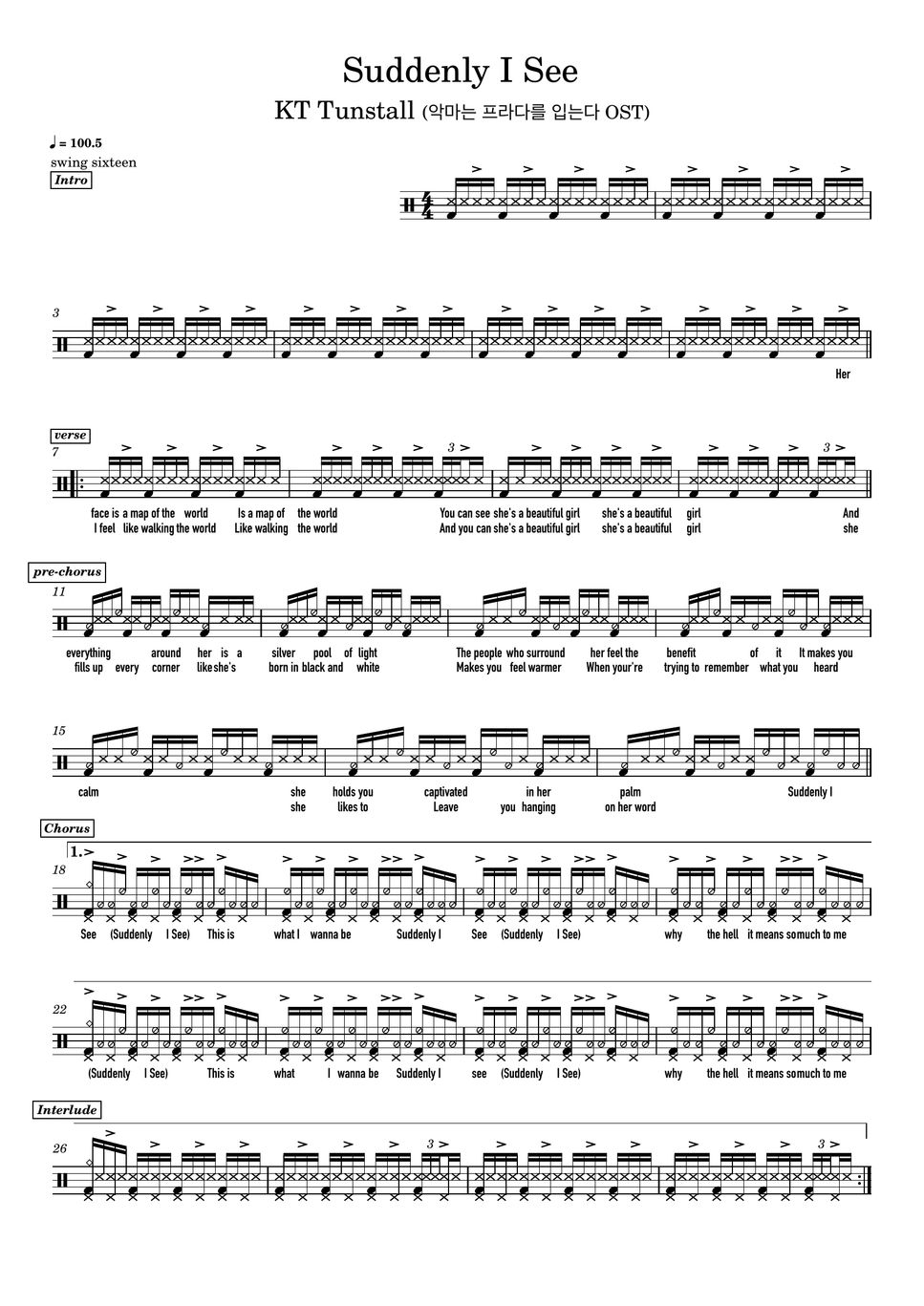 KT Tunstall - Suddenly I See (악마는 프라다를 입는다OST) (드럼악보 ...