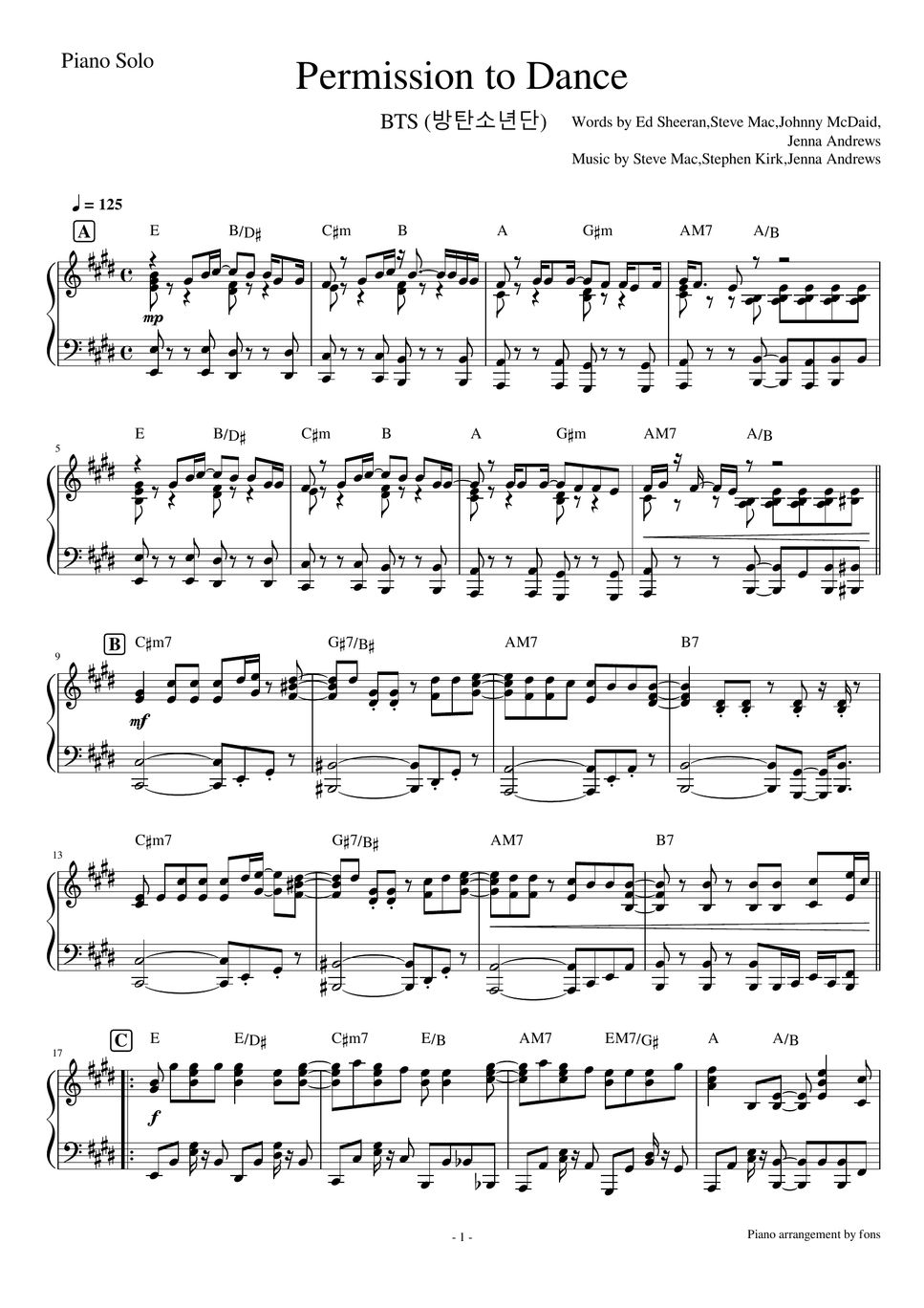 BTS (방탄소년단) - Permission to Dance 악보 by fons