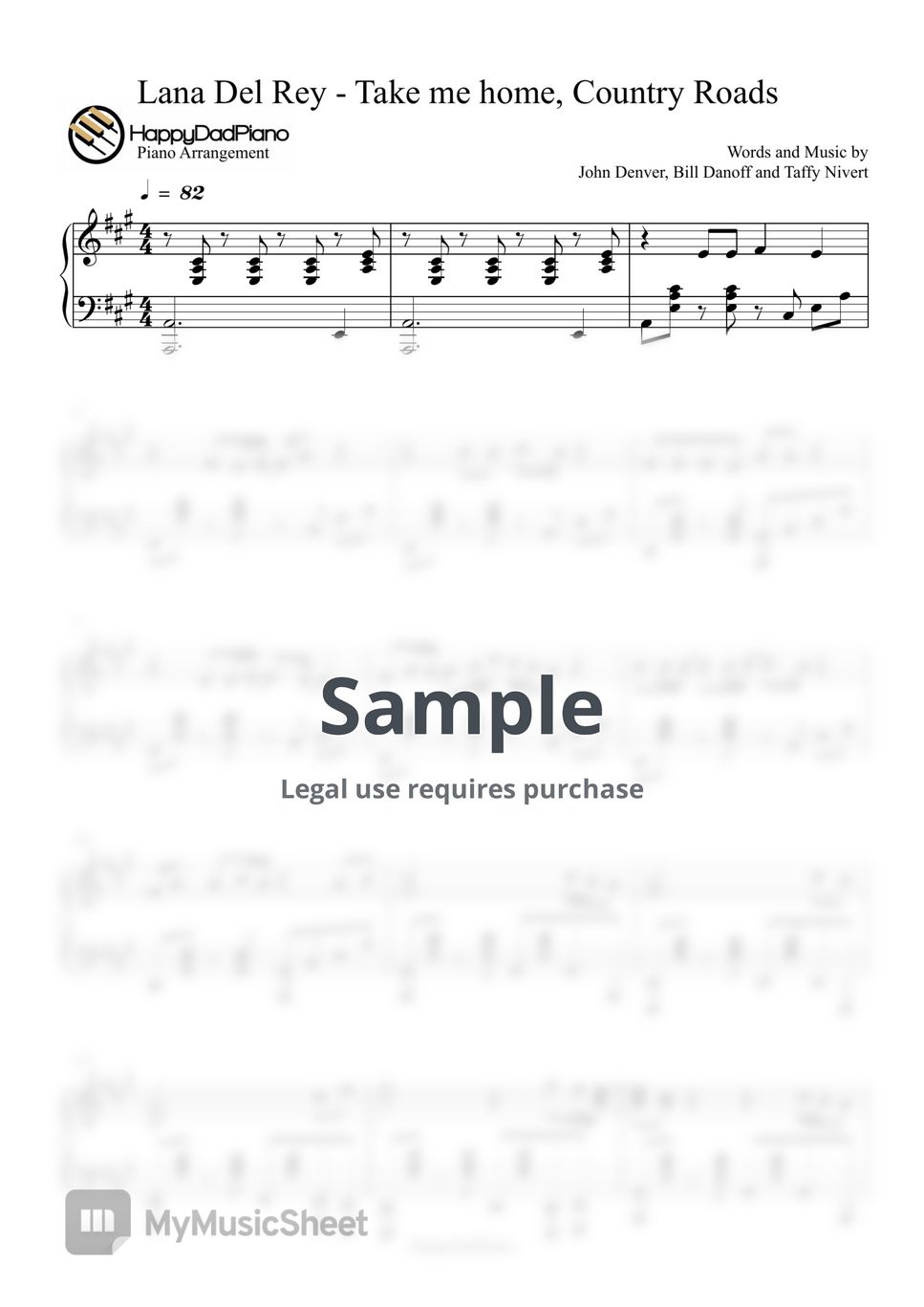 Lana Del Rey - Take me Home, Country Roads 악보 by HappyDadPiano