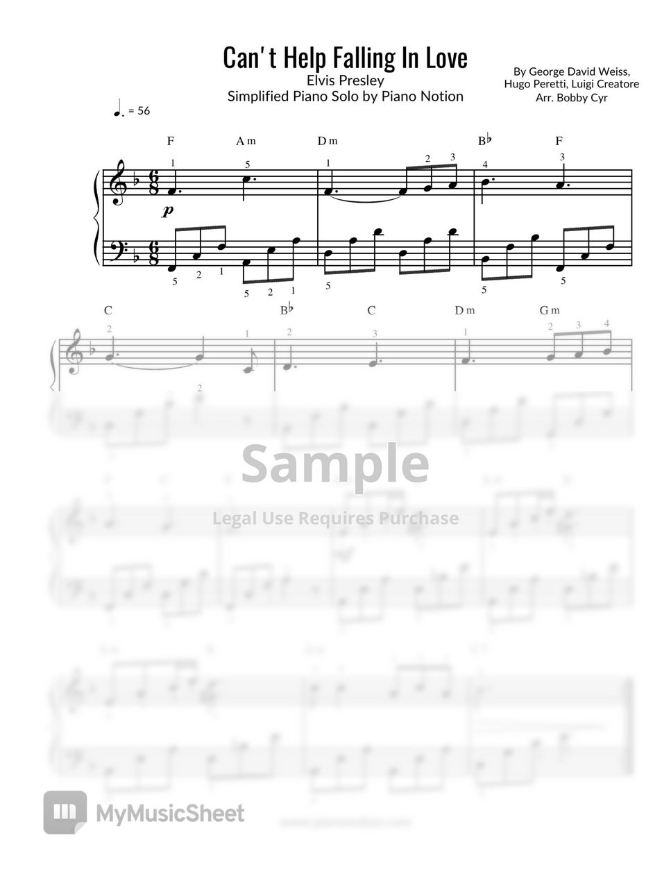 Elvis Presley Cant Help Falling In Love Piano Solo 악보 By Piano Notion