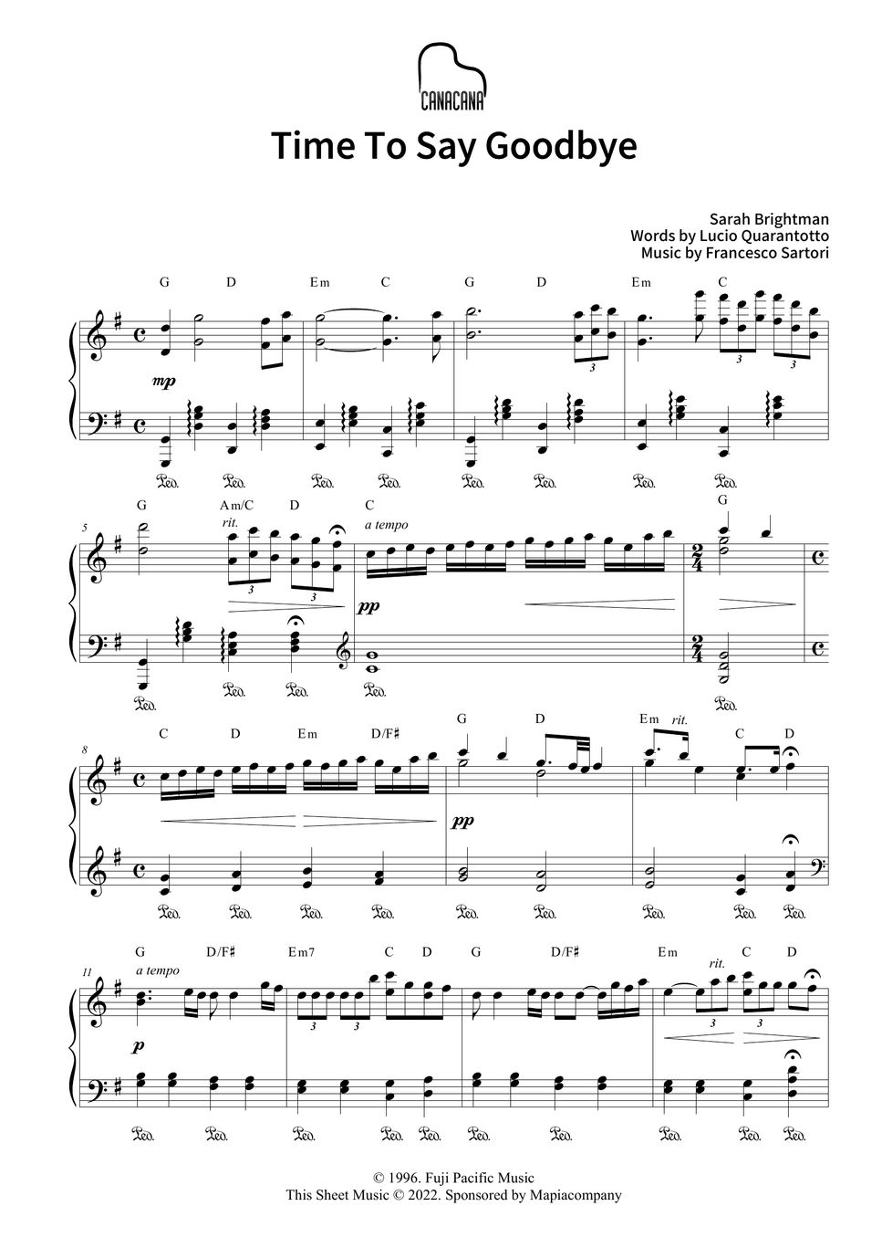 Sarah Brightman - Time To Say Goodbye 楽譜 by CANACANA family