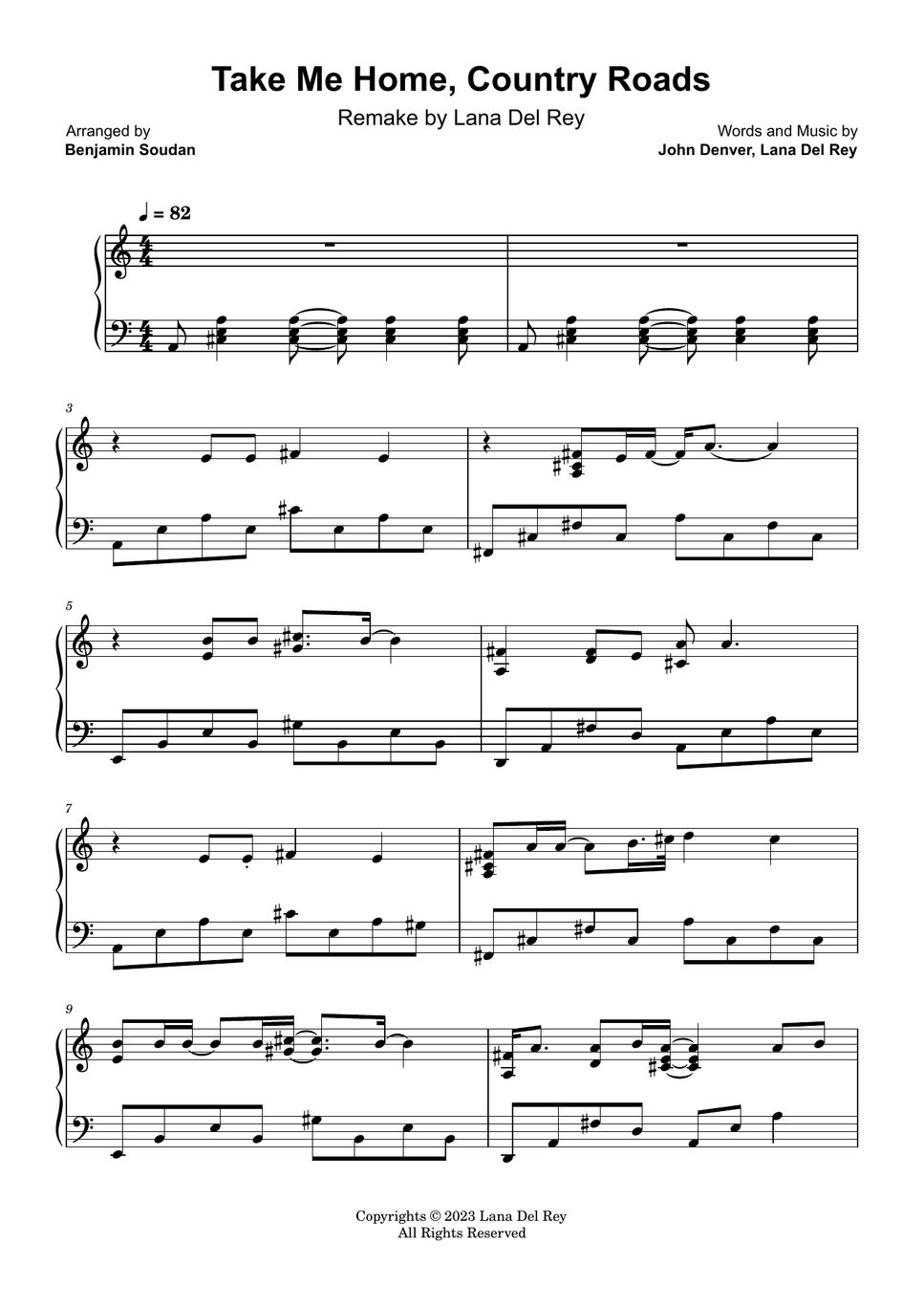 Lana Del Rey - Take Me Home, Country Roads Sheet Music by Benjamin Soudan