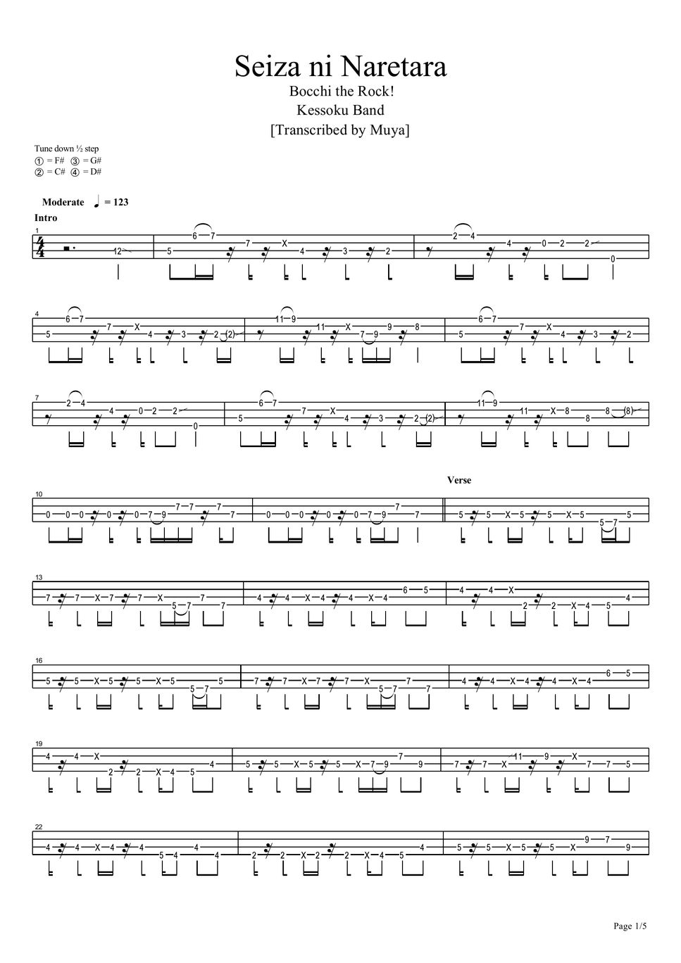 Kessoku Band - Seiza ni Naretara (Bass TAB) نوتة by Muya Rizal