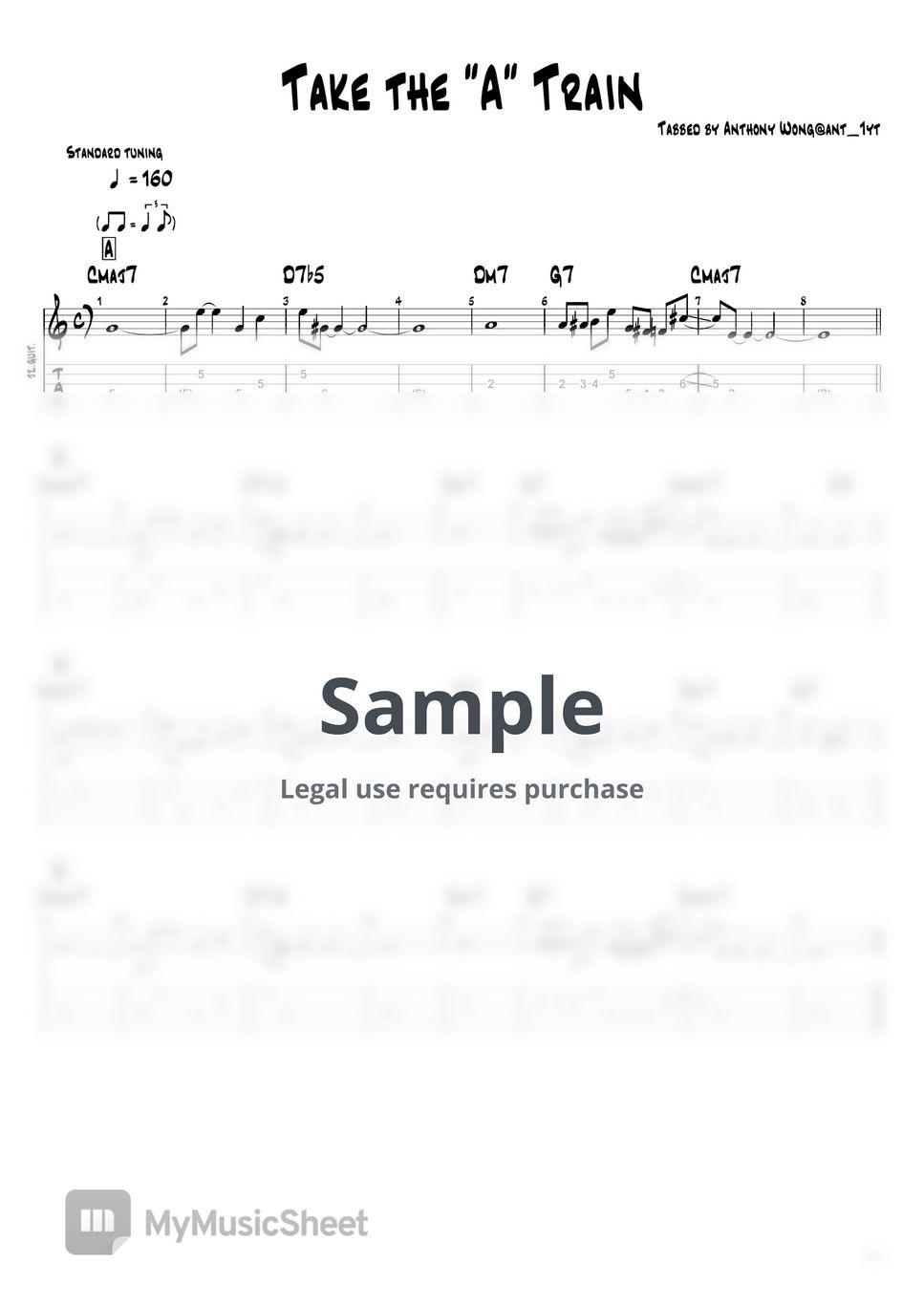 Jazz Standard - Take the "A" Train - melody(tab & staff) TAB+1 Staff by N/A