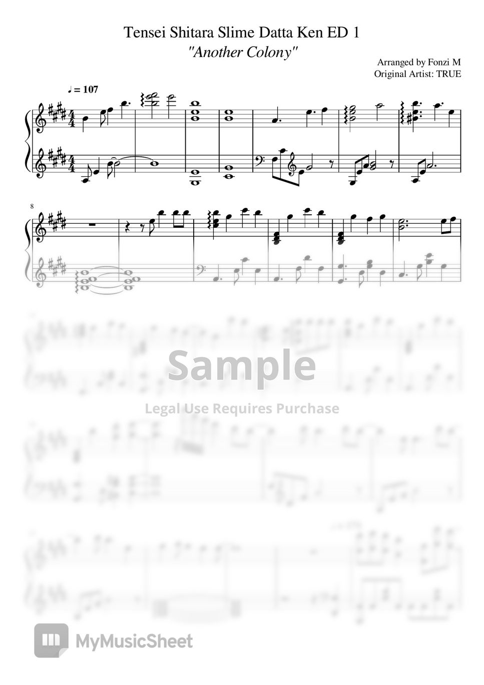 TRUE - Tensei Shitara Slime Datta Ken ED 1 - "Another Colony" 악보 by Fonzi M