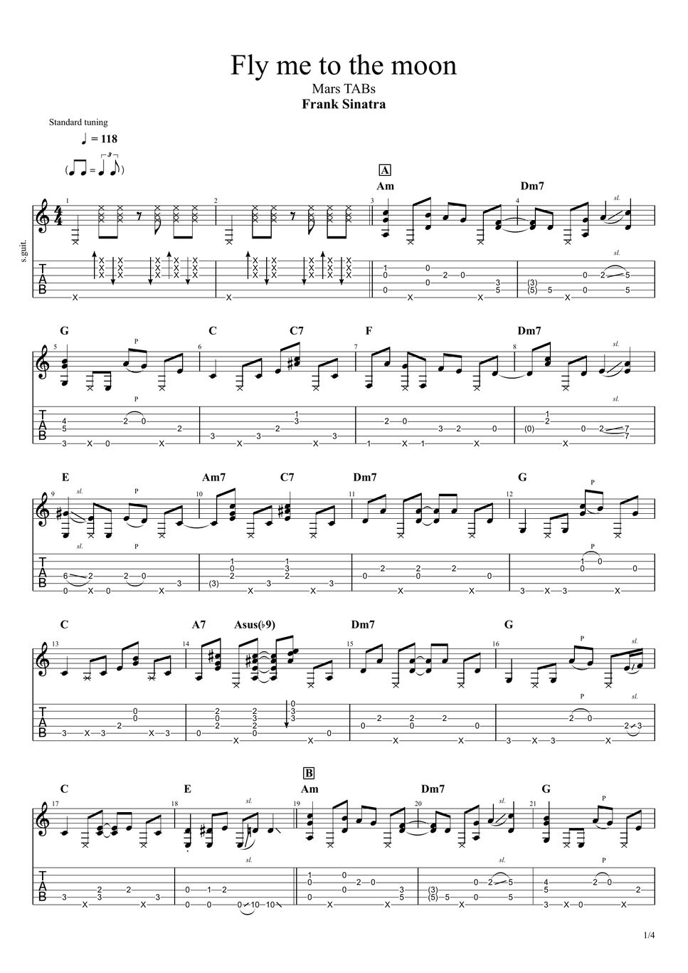 Frank Sinatra - Fly me to the moon (FingerStyle) Tab + 단선 악보 by Mars TABs
