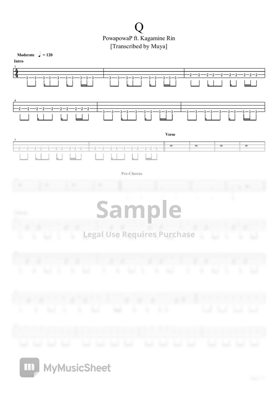 siinamota - Q (Bass TAB) (PowapowaP) Sheet Music by Muya