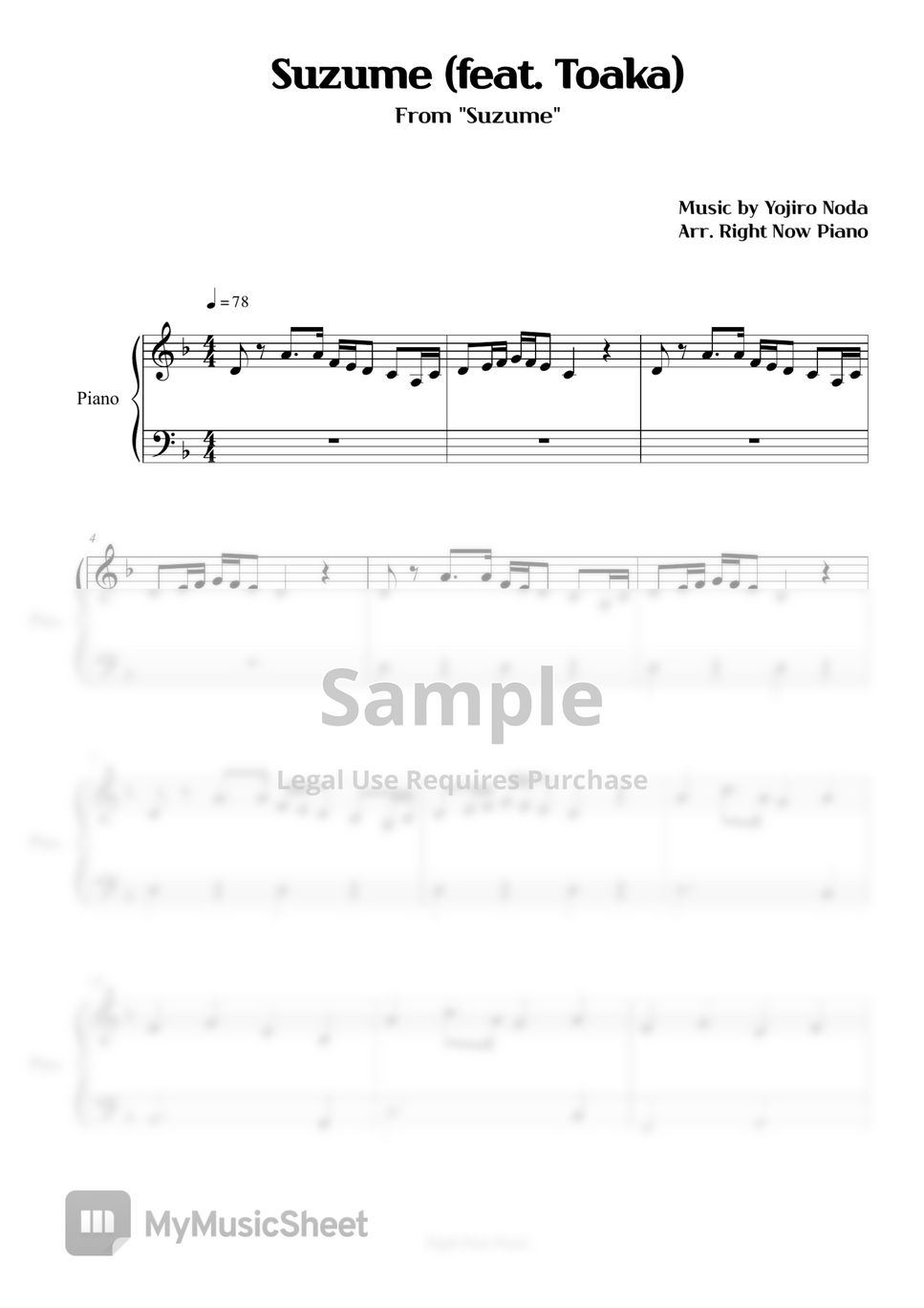 RADWIMPS - Suzume (feat. Toaka) Sheets by Right Now Piano