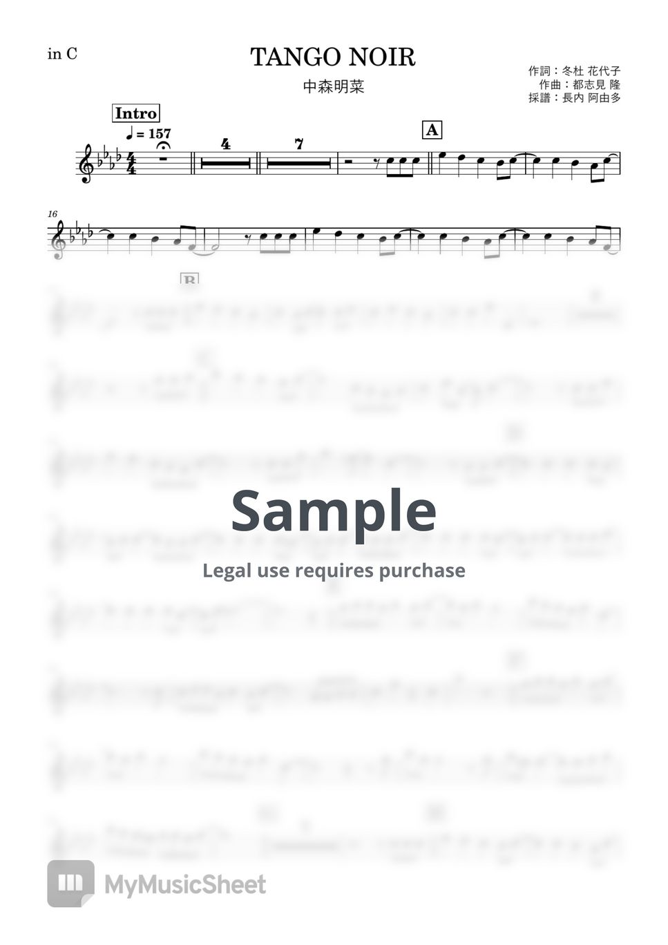 中森明菜 - TANGO NOIR in C Sheet Music by Ayu Saxophone & Sheet Music