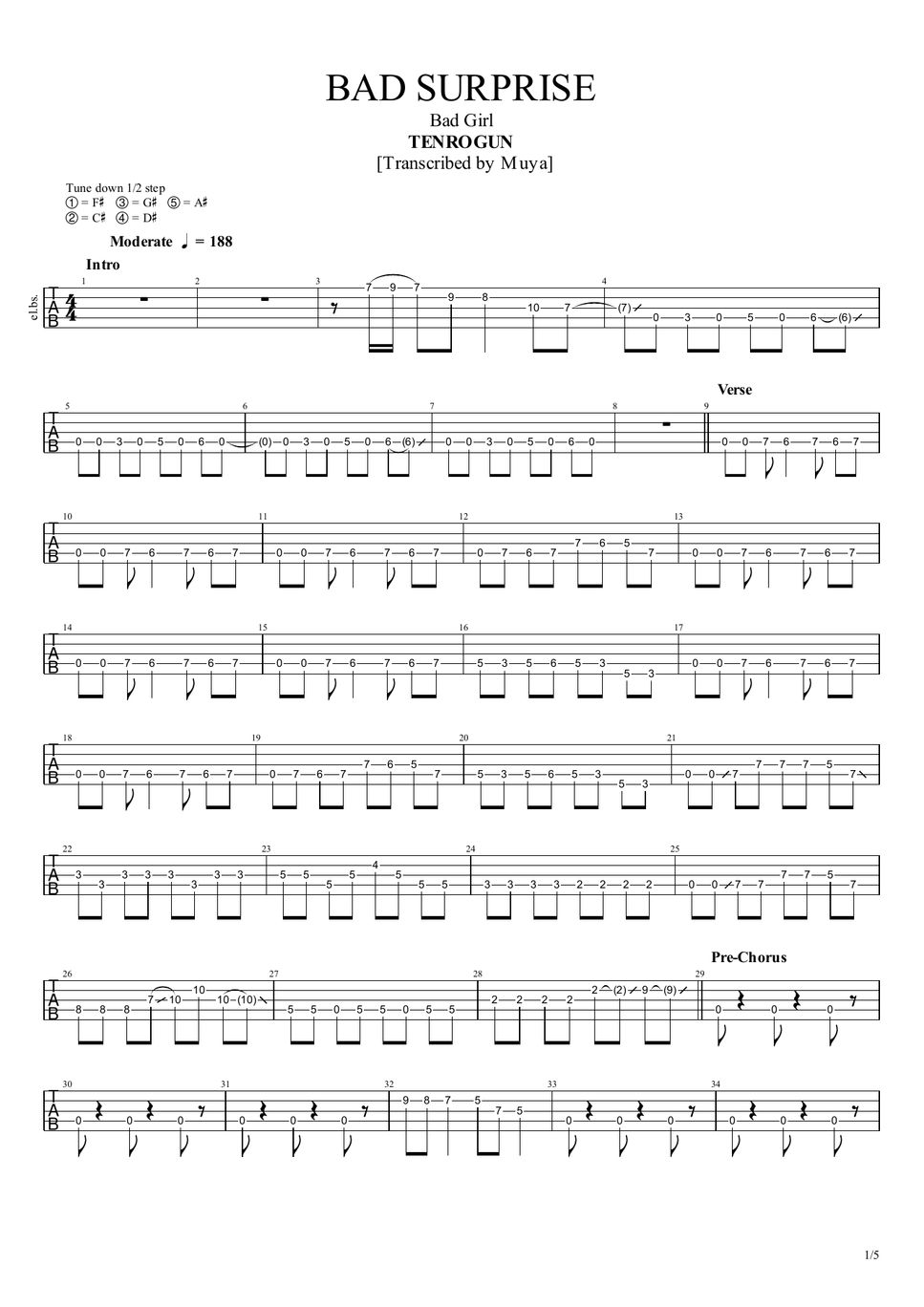 TENROGUN - BAD SURPRISE (Bass TAB) Sheet Music by Muya