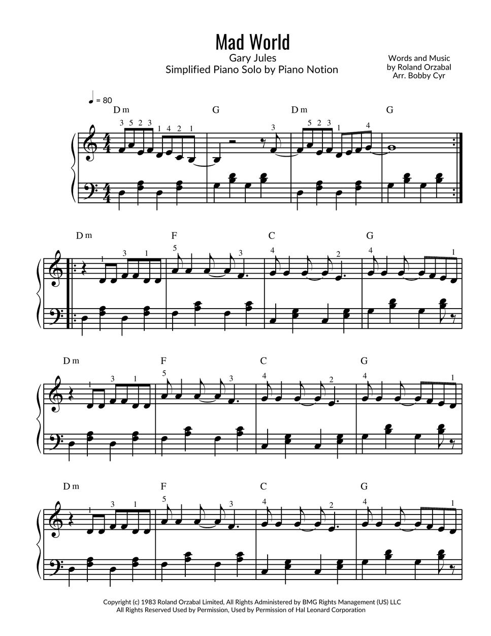 Gary Jules - Mad World (Piano Solo) Sheets by Piano Notion