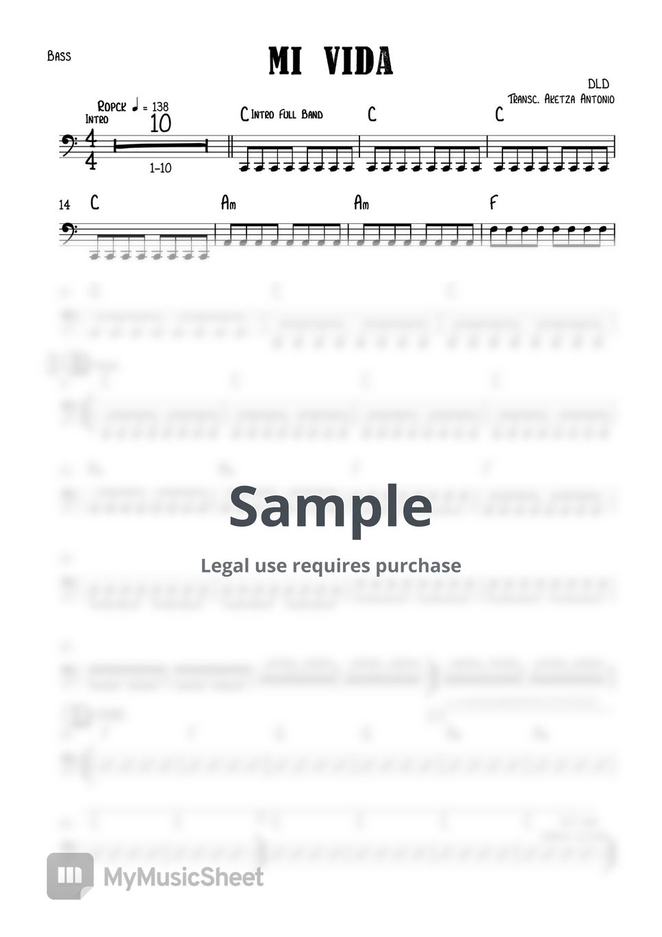 DLD - Mi Vida 베이스 기타 타브 PDF | Aketza Antonio | mymusic5