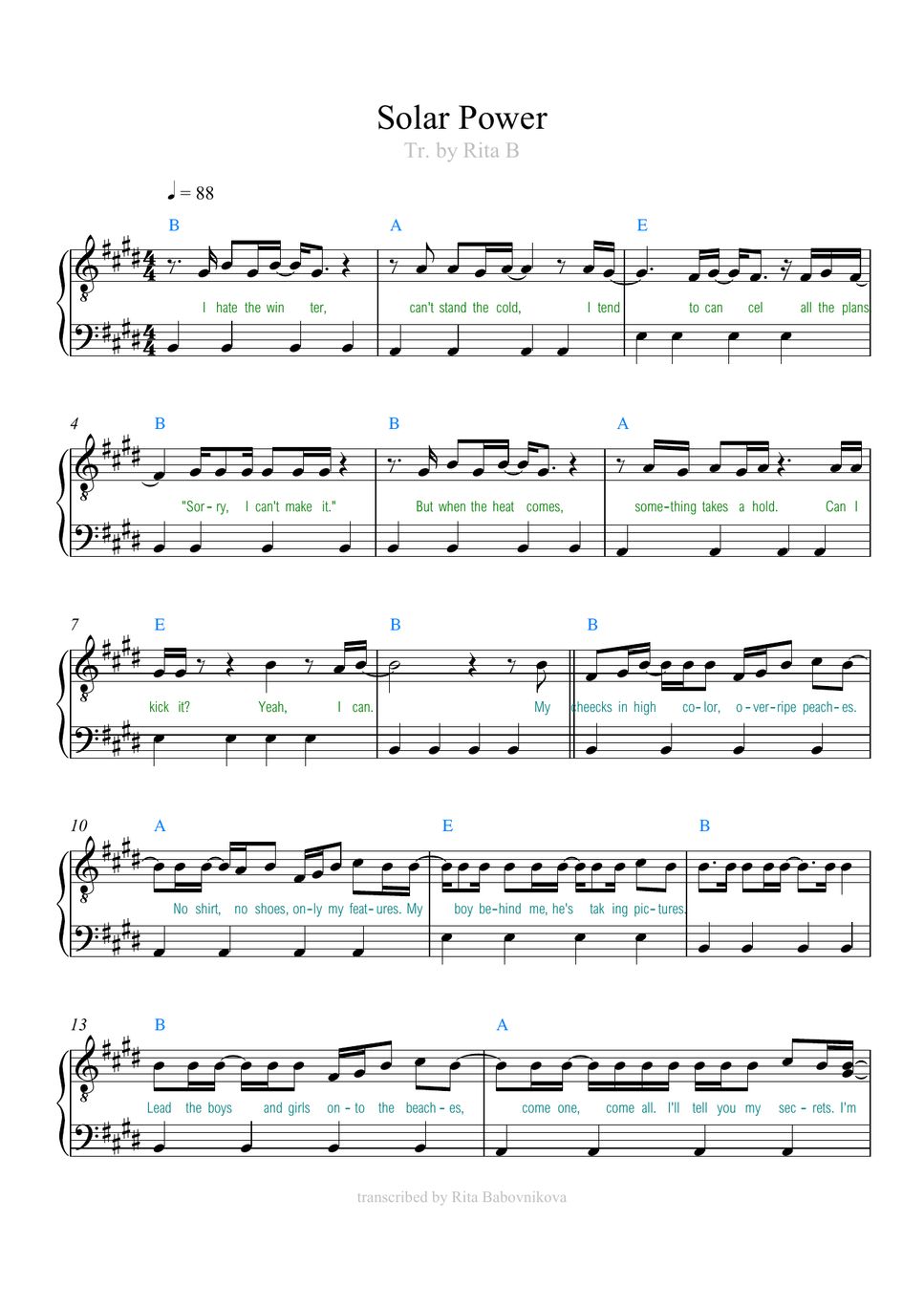 Lorde - Solar Power (lyrics/chords) Sheet Music by Rita B