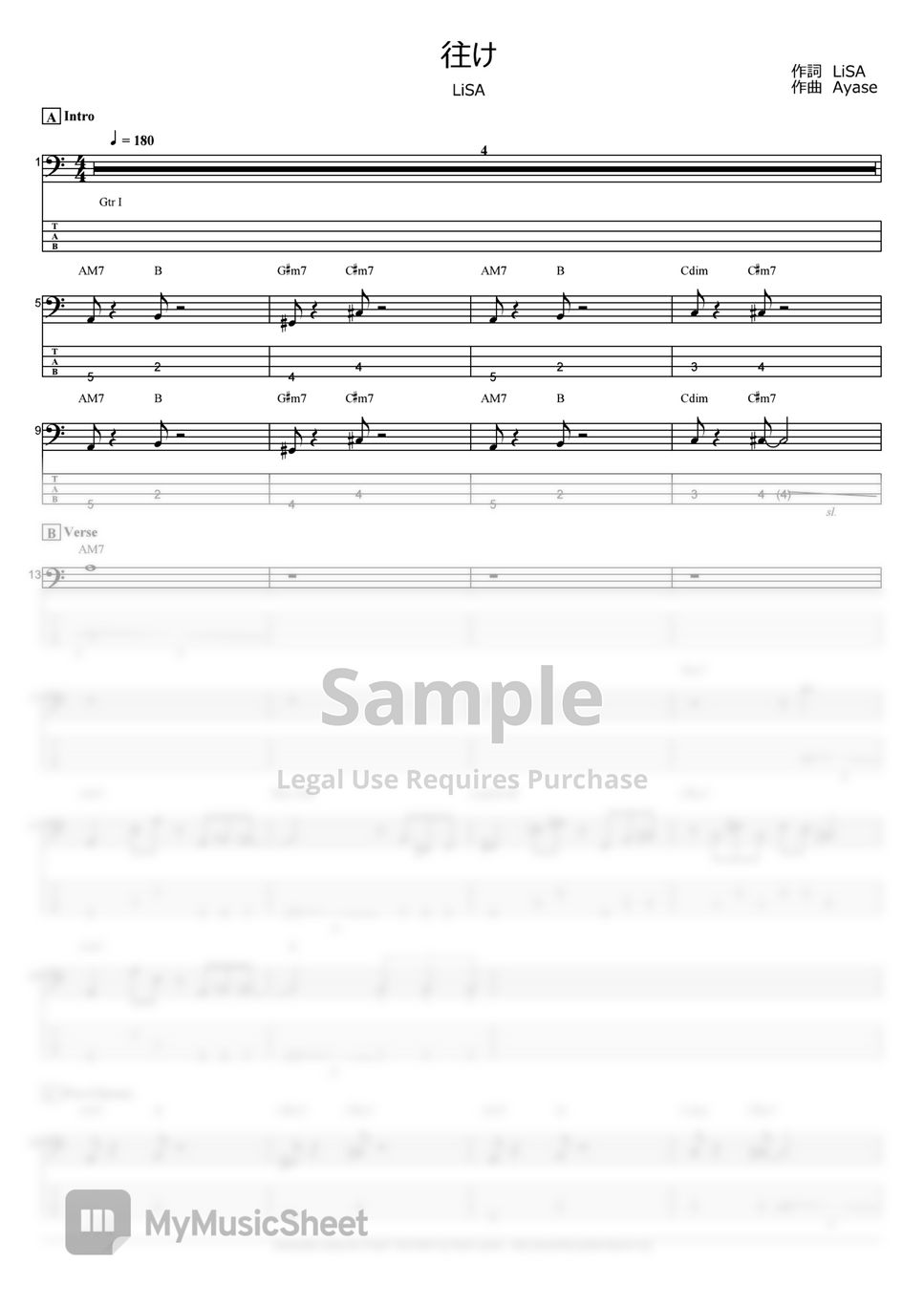LiSA - Yuke (SAO) Tab + 1staff by T's bass score