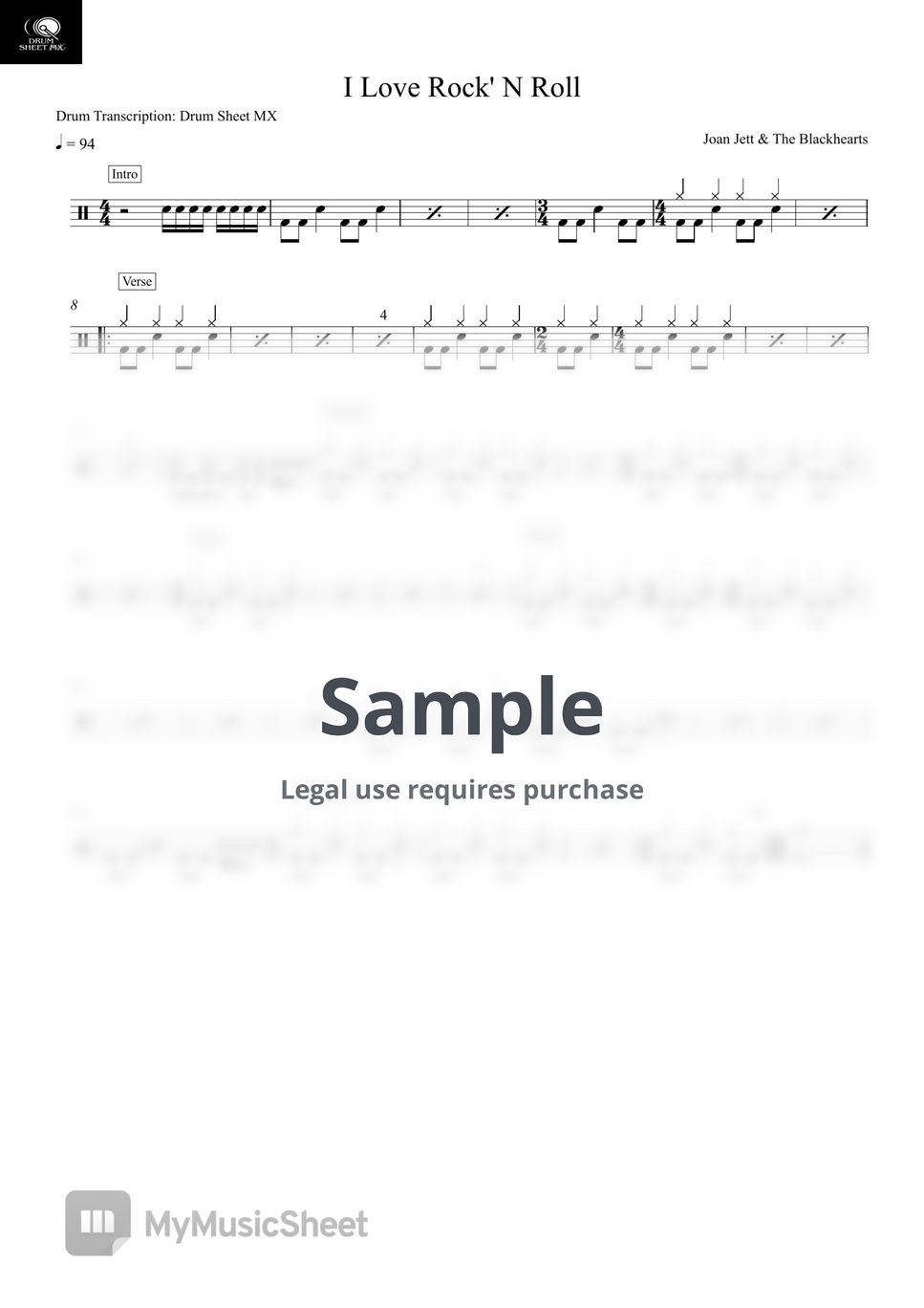 Joan Jett & The Blackhearts - I Love Rock' N Roll 악보 by Drum ...