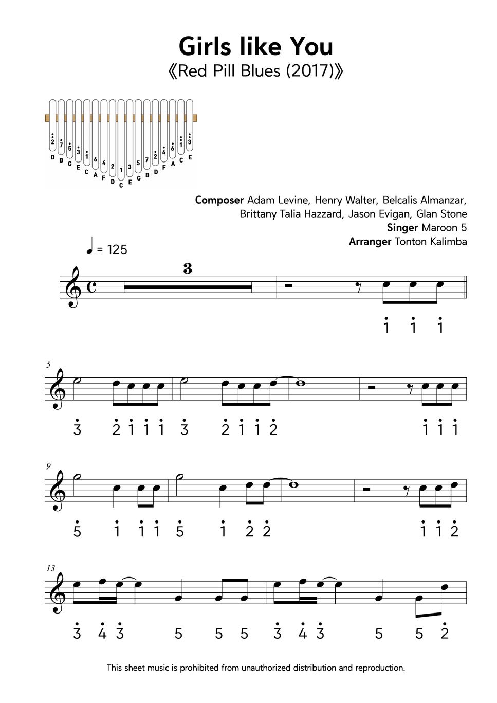Maroon 5 - Girls Like You Sheet by Tonton Kalimba