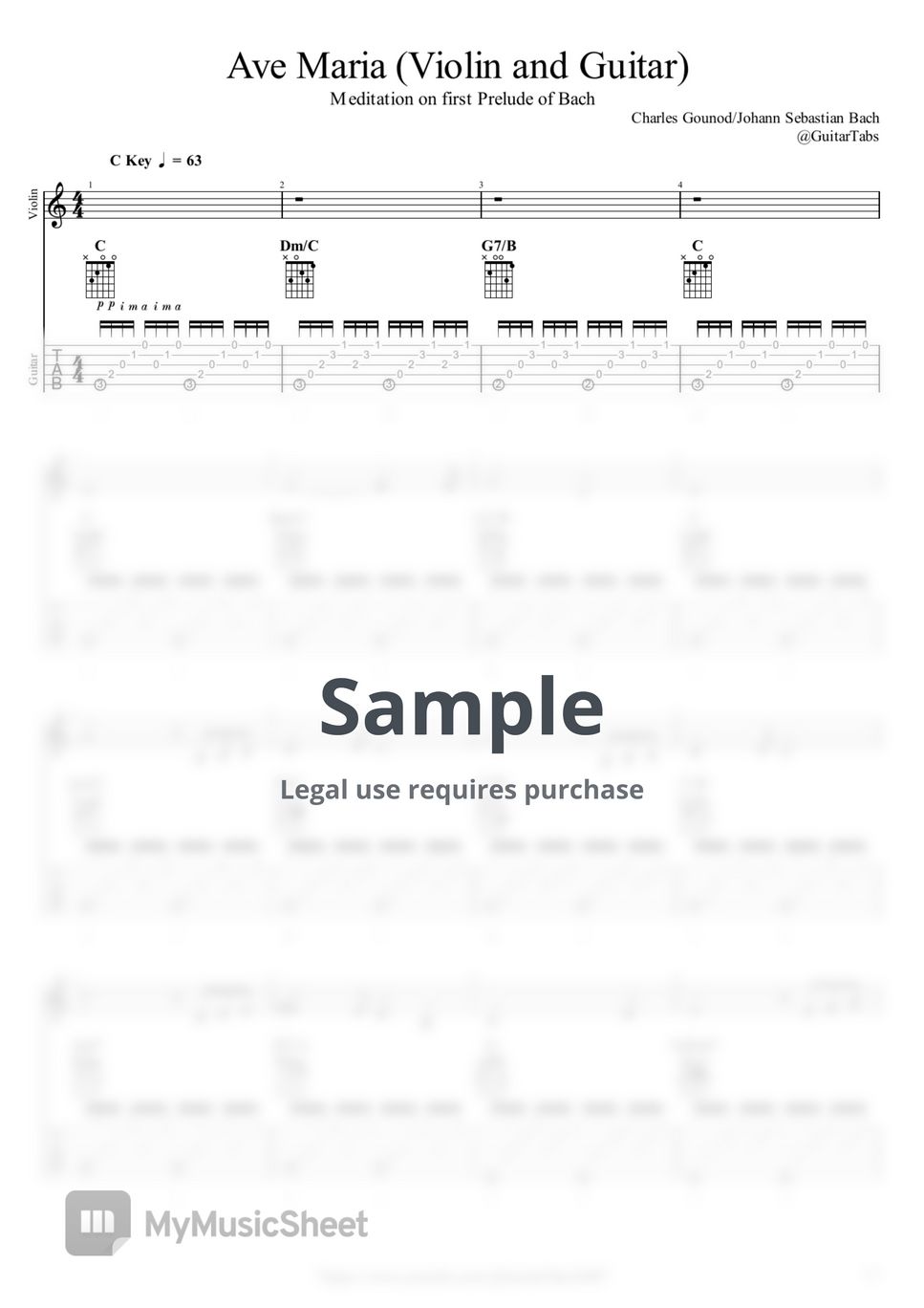 Charles Gounod(J.S. Bach) - Ave Maria (Violin+Guitar) (오선+타브+운지+코드 ...