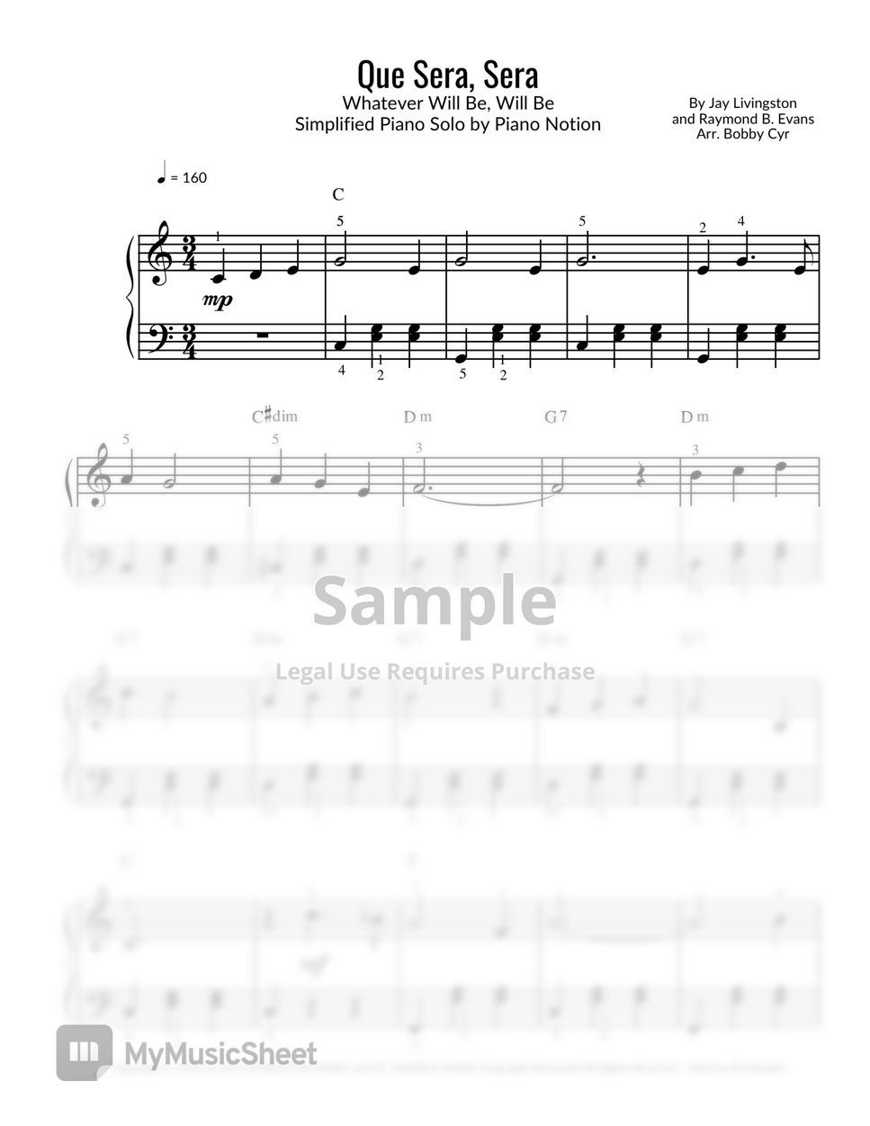 Doris Day - Que Sera Sera, Whatever Will Be, Will Be (Piano Solo) 楽譜 by Piano Notion