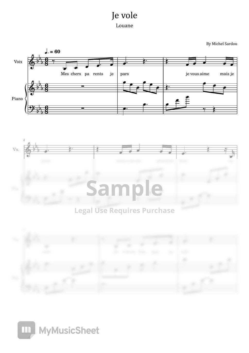 Michel Sardou - Je vole (Louane - For Piano and Voice With Lyrics) 악보 ...