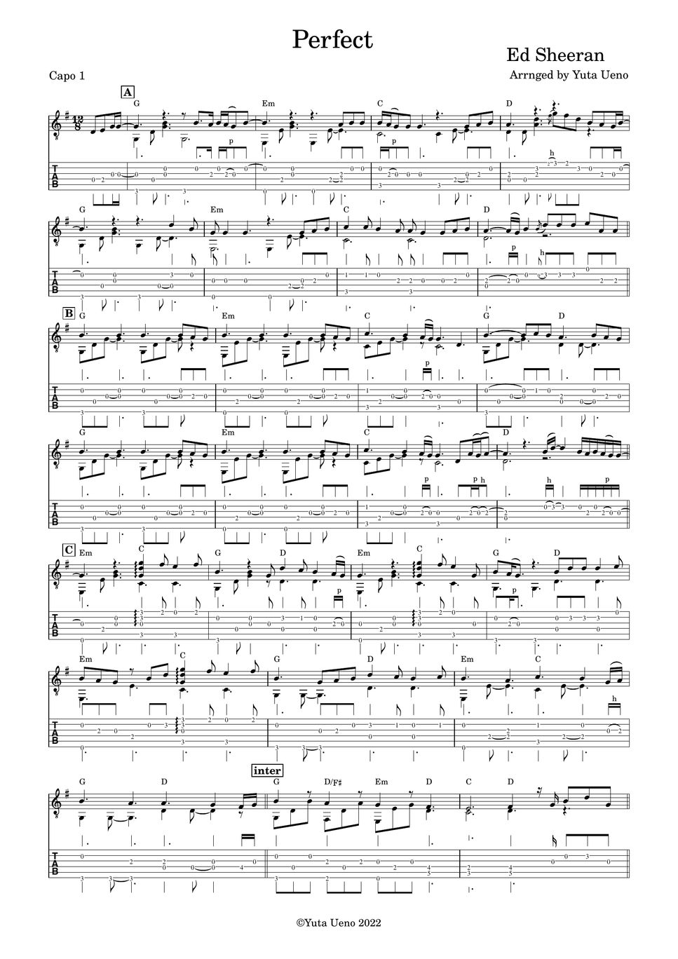 Ed Sheeran - Perfect (Fingerstyle) Tab + 1staff by Yuta Ueno Ed Sheeran - Perfect (Fingerstyle) Tab + 1staff by Yuta Ueno