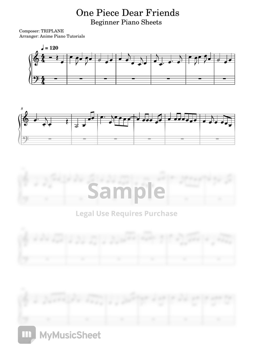 TRIPLANE - Dear Friends/One Piece (BEGINNER) Sheets by Anime Piano Tutorial