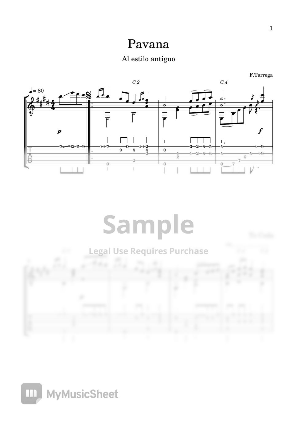 Francisco Tarrega - Pavana (Al estilo antiguo) Tab + 1staff by LemonTree