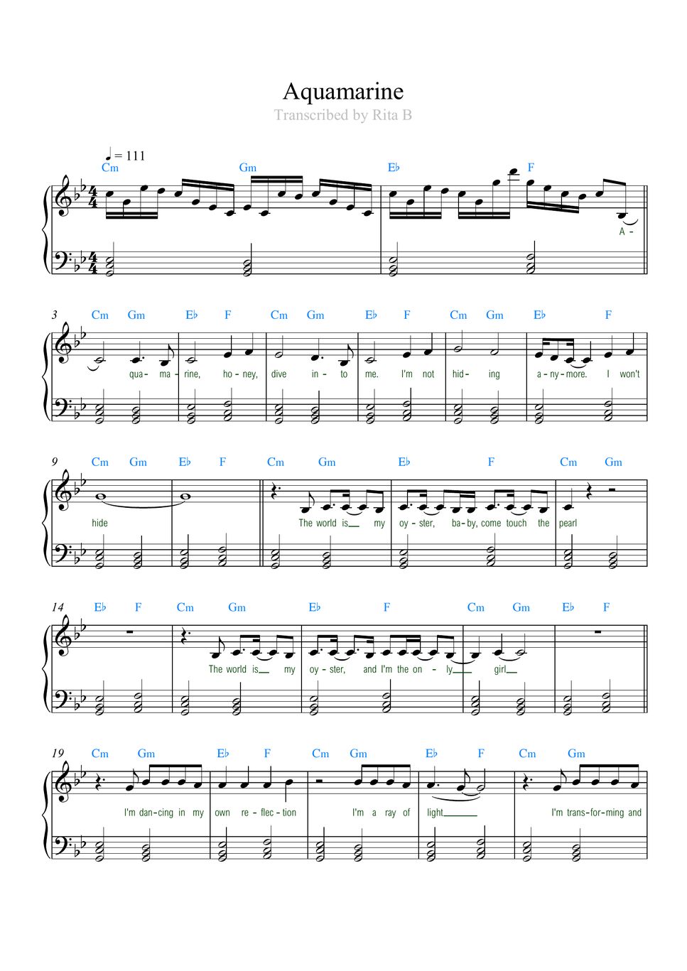 Addison Rae - Aquamarine (with lyrics and chords) Sheet Music by Rita B