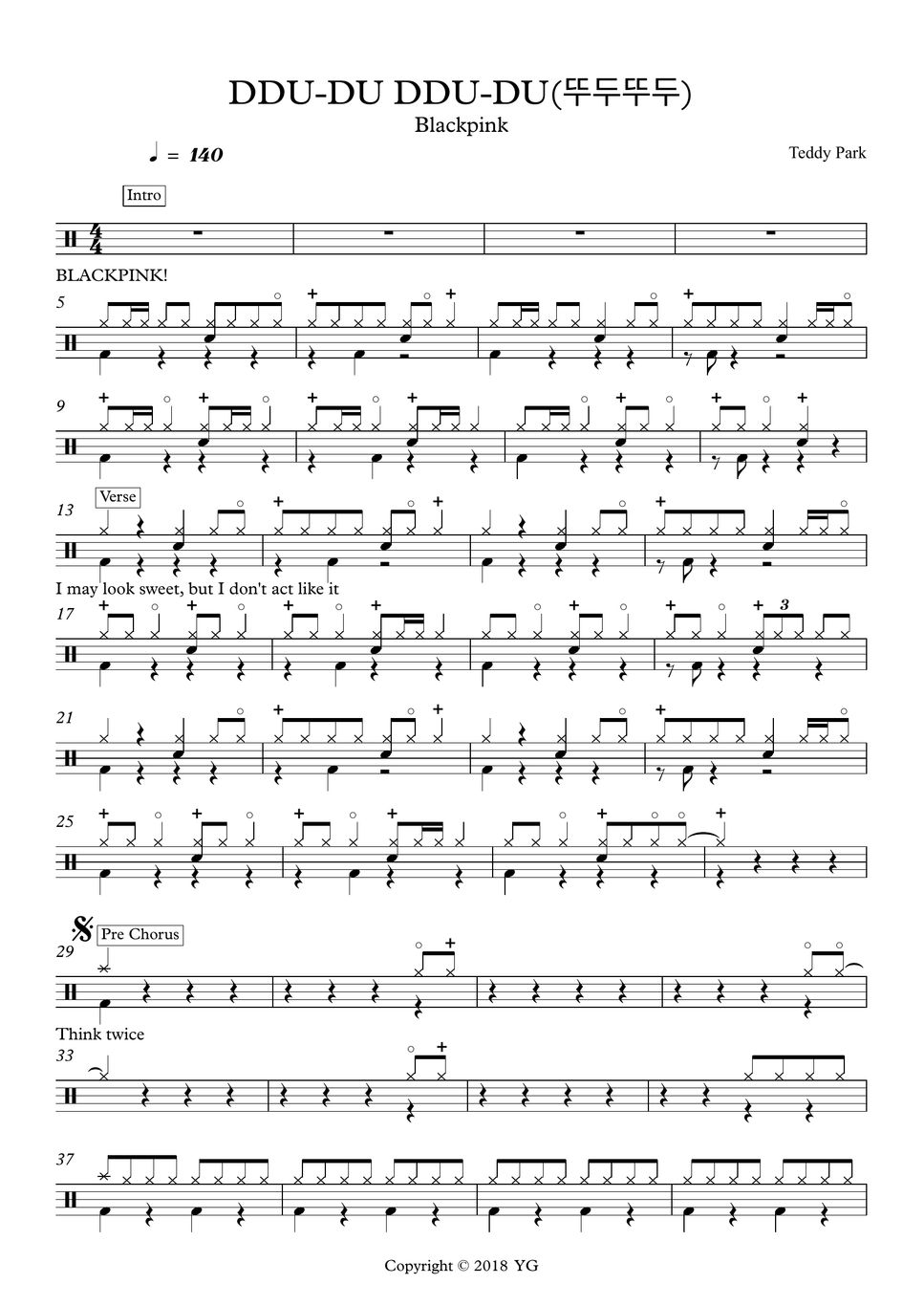 Blackpink - DDU-DU DDU-DU(뚜두뚜두) (드럼악보) 樂譜 by Seonwook Kim