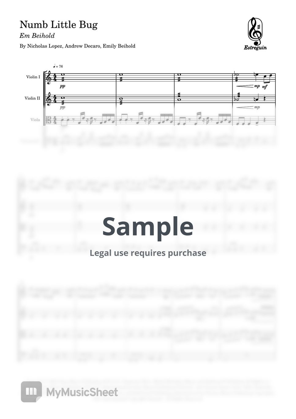 Em Beihold - Numb Little Bug (String Quartet) Sheet Music by Estreguin
