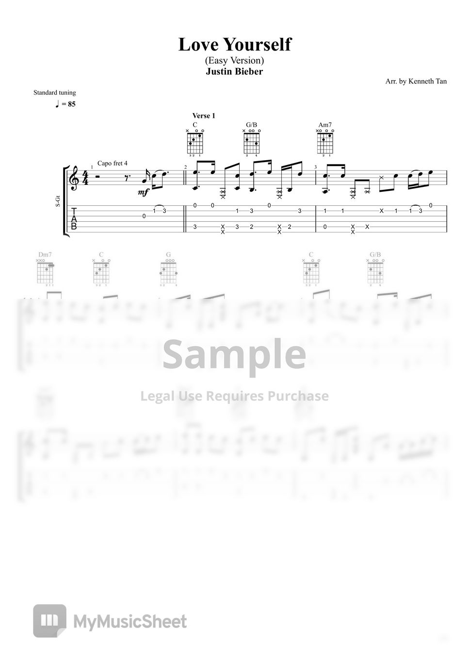 Justin Bieber Fingerstyle Guitar Love Yourself Easy Version