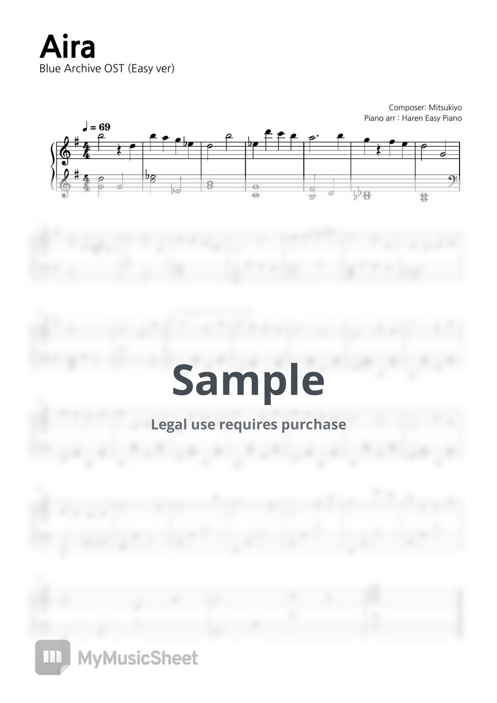 Blue Archive OST - Aira (Easy ver) Sheet Music by Haren Easy Piano