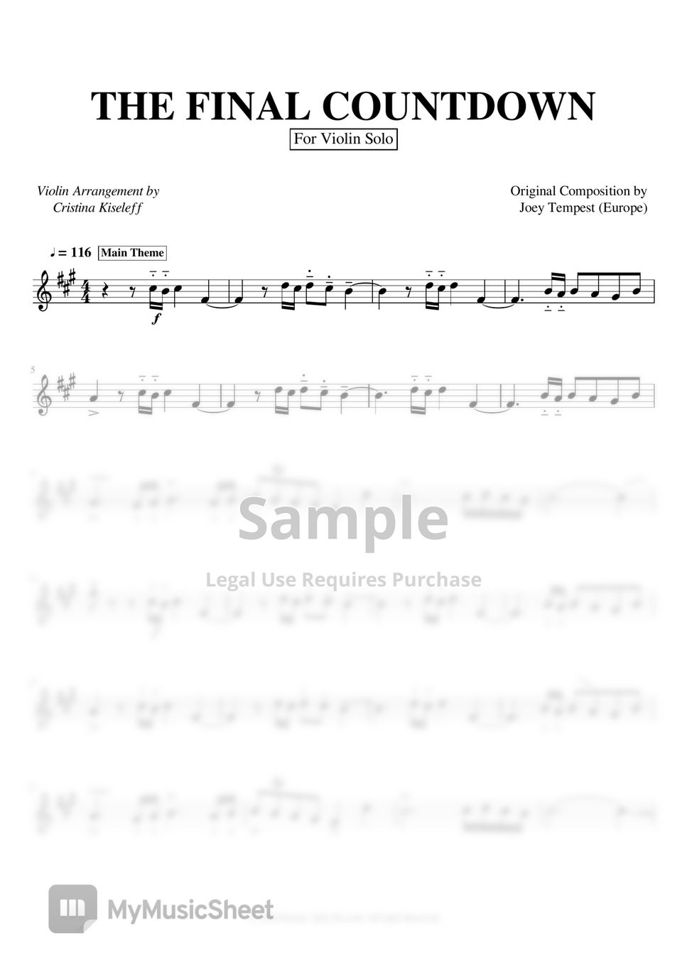 Europe - THE FINAL COUNTDOWN (For Violin Solo) Sheet by Cristina Kiseleff