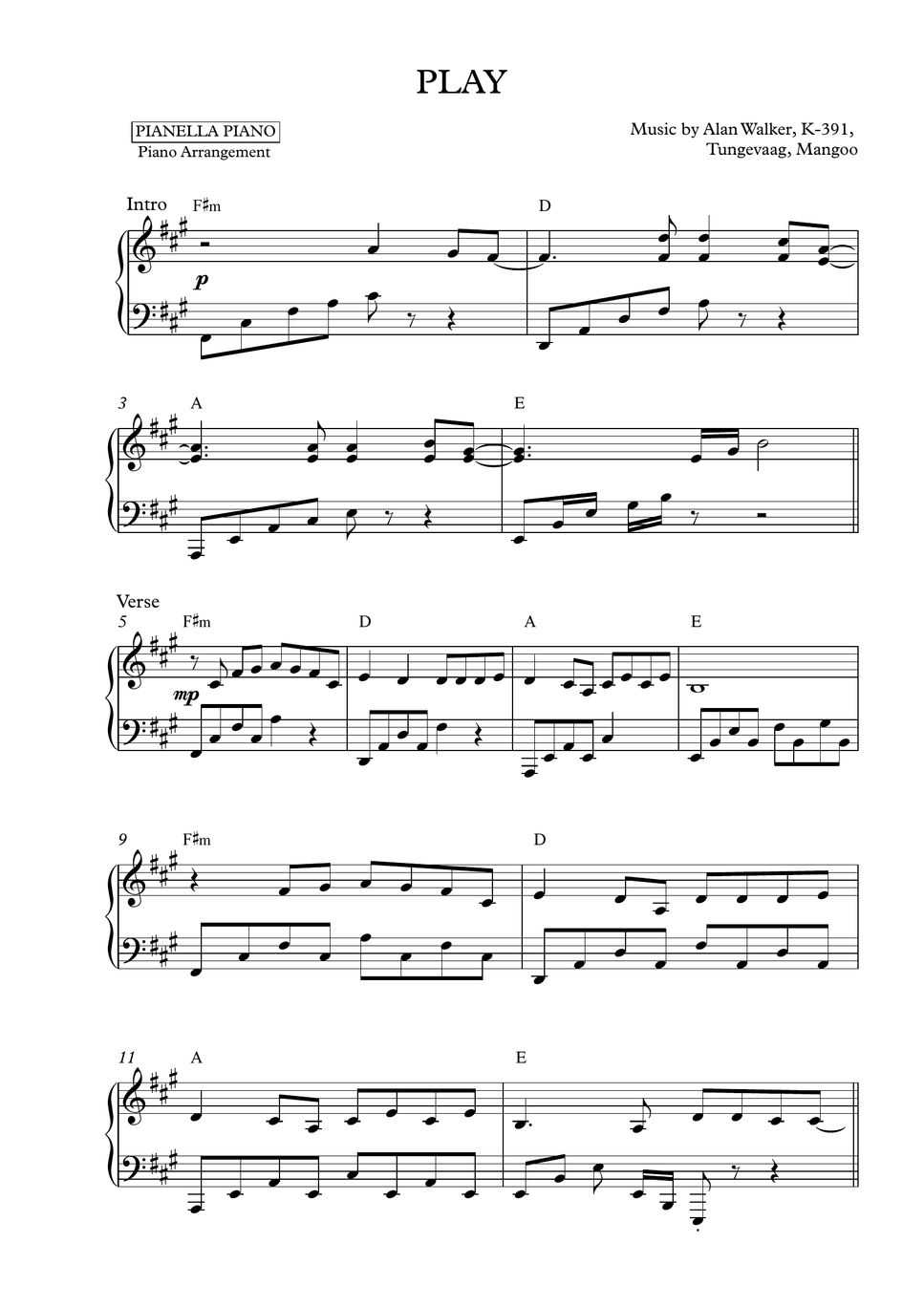 Alan Walker - Play (Piano Sheet) Sheet by Pianella Piano