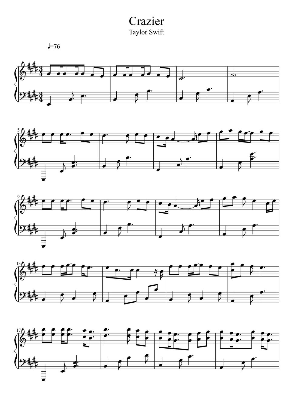 Taylor Swift - Crazier 曲谱 by Henry William