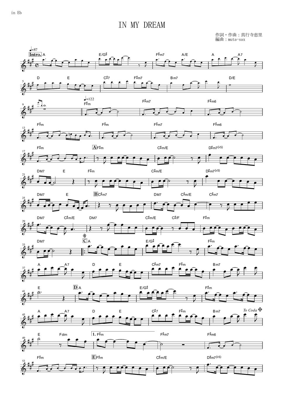 Eri Shingyoji - In My Dream (Brain Powerd / in Eb) Sheet by muta-sax