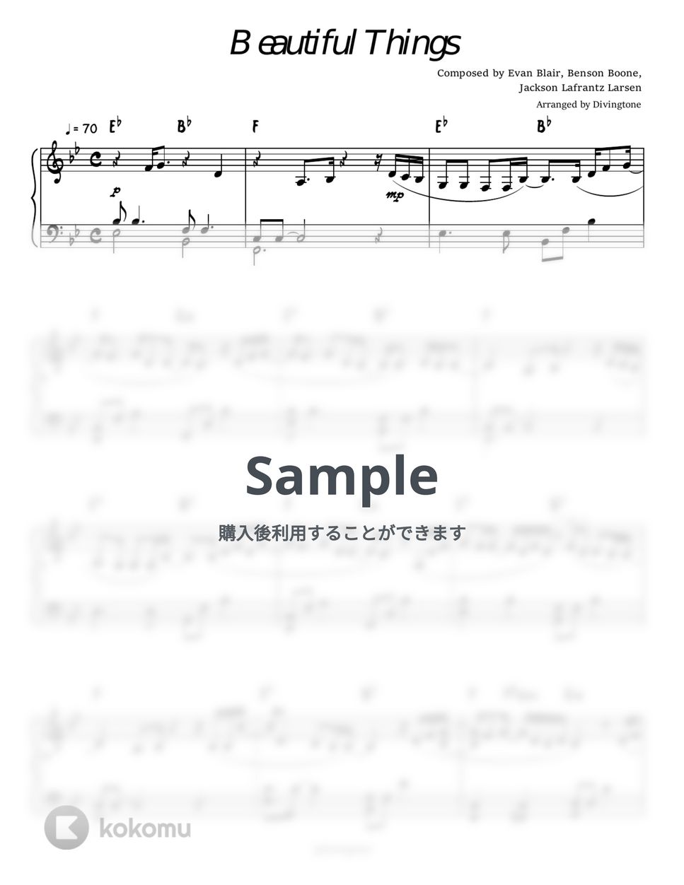 Benson Boone - Beautiful Things (Piano Sheet) 楽譜 by Divingtone