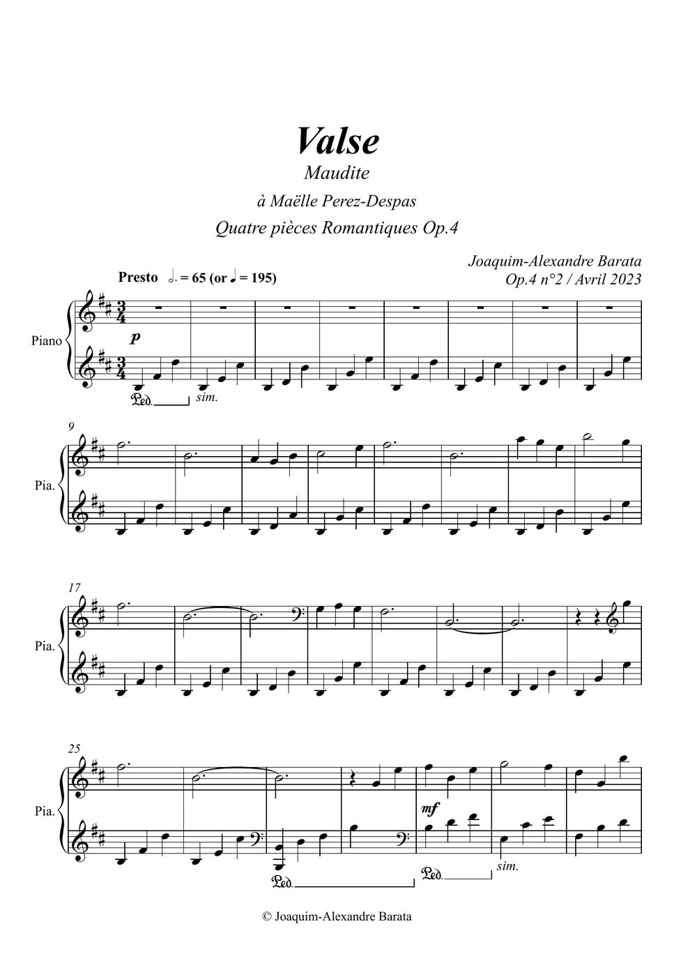 Joaquim-Alexandre Barata - Valse - Op.4 n°2 in B Minor 악보 by Joaquim ...